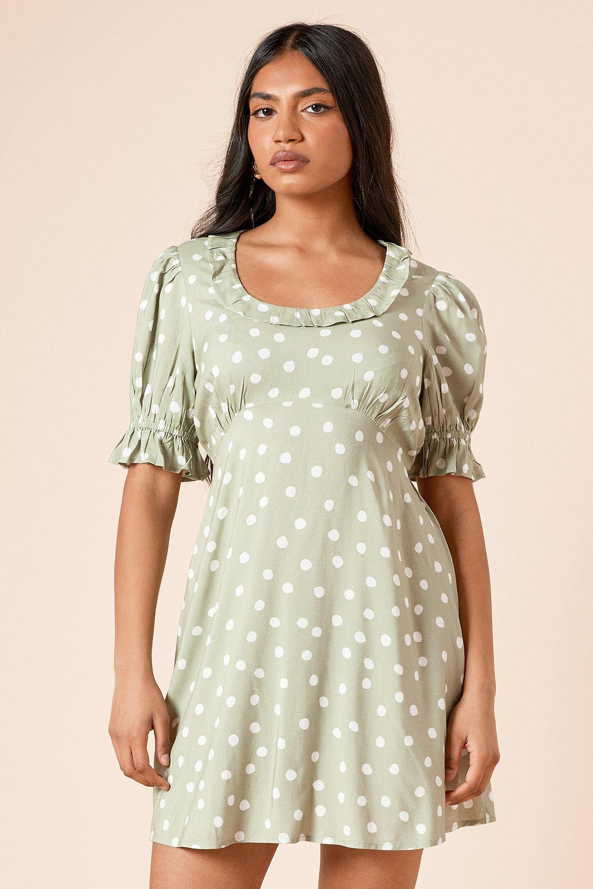 Dorothy Perkins Green Petite Green Spot Frill Neckline Tie Back Mini ...