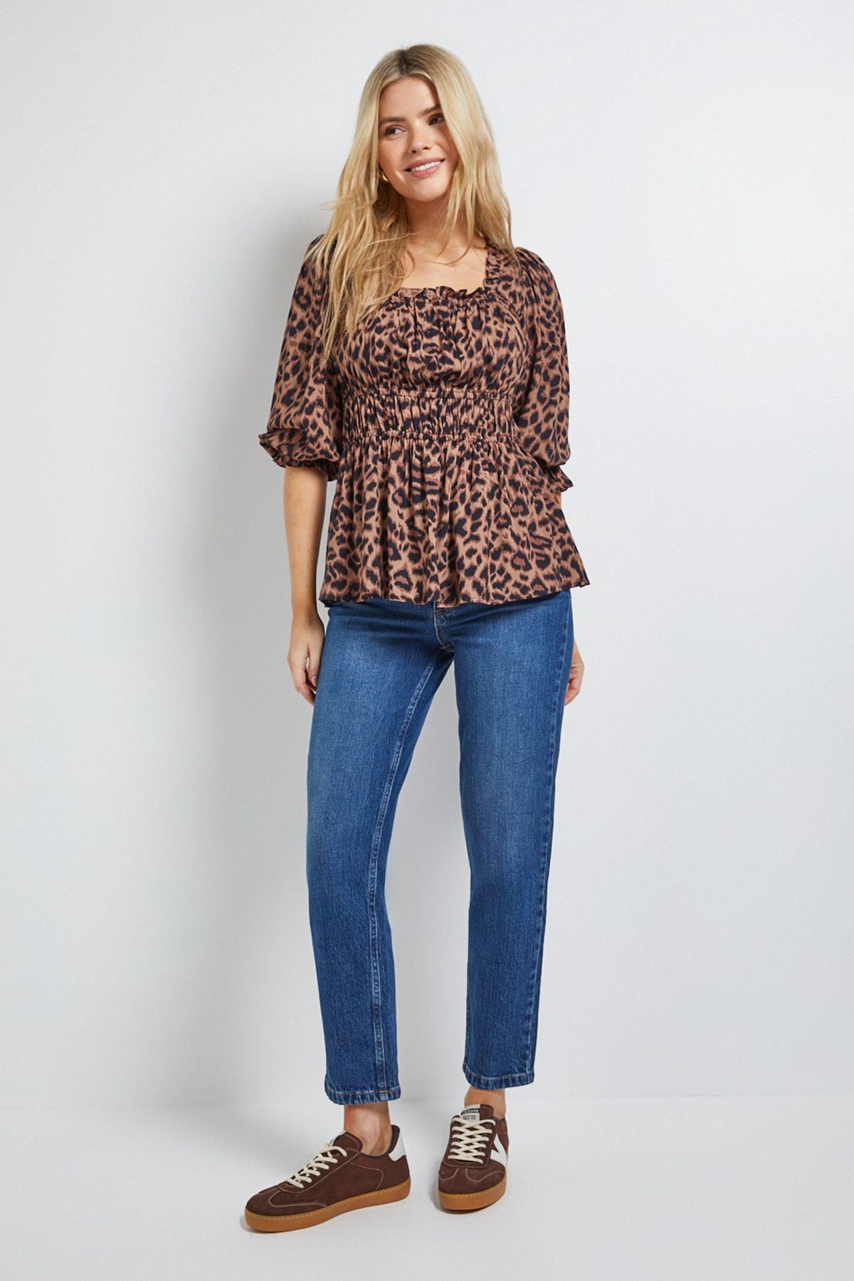 Dorothy Perkins Leopard Leopard Square Neck Blouson Sleeve Top | PLT
