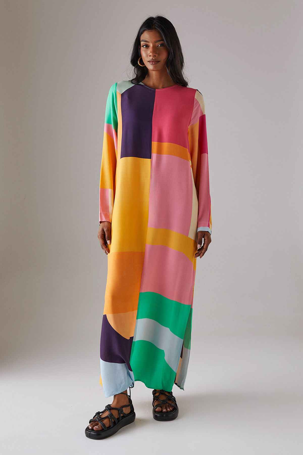 Warehouse Multi Print Long Sleeve Column Midi Dress | PLT