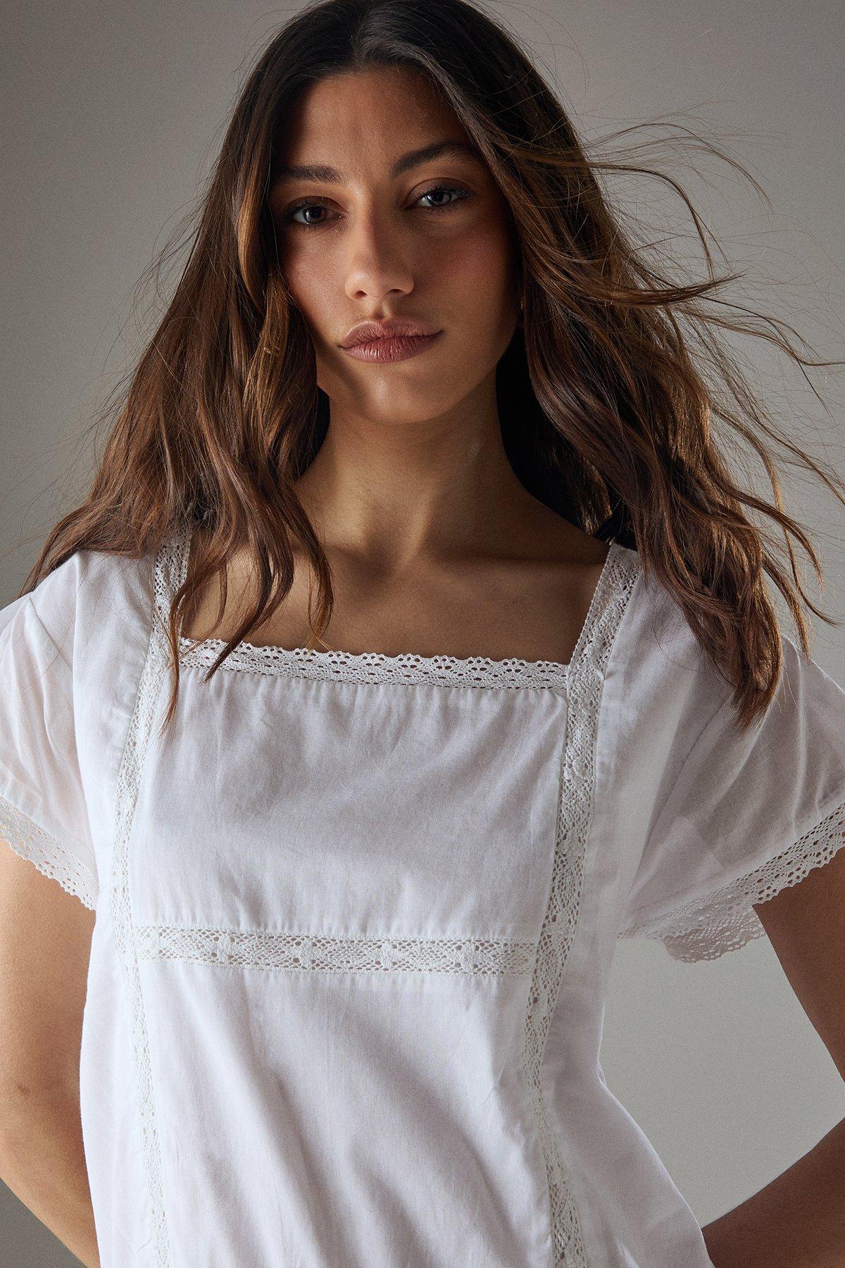 Warehouse White Cotton Lace Square Neck Midi Smock Dress ...