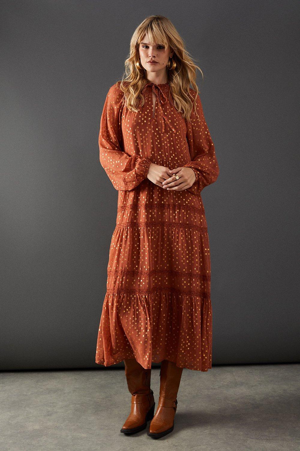Warehouse Rust Metallic Jacquard Dobby Lace Insert Midi Smock Dress | PLT