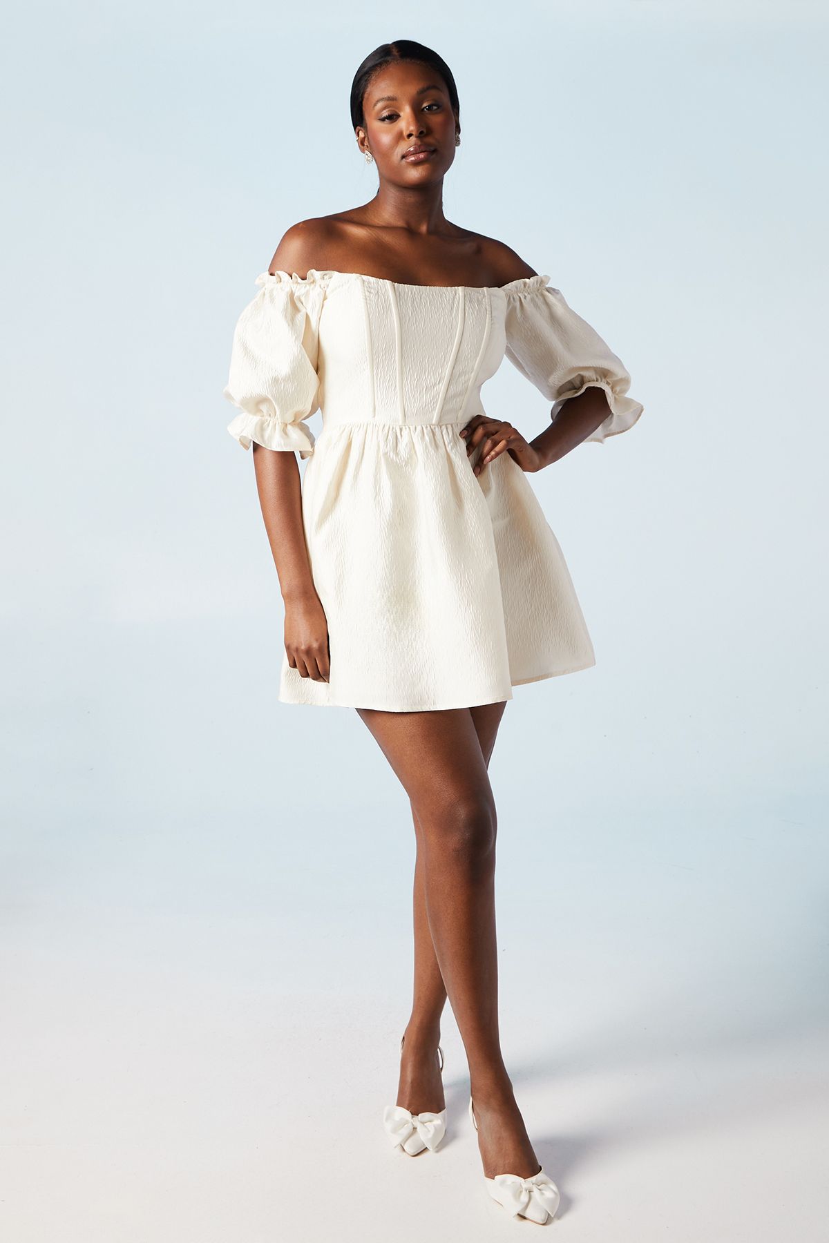 Oasis Ivory Off The Shoulder Puff Sleeve Jacquard Bridal Mini Dress | PLT