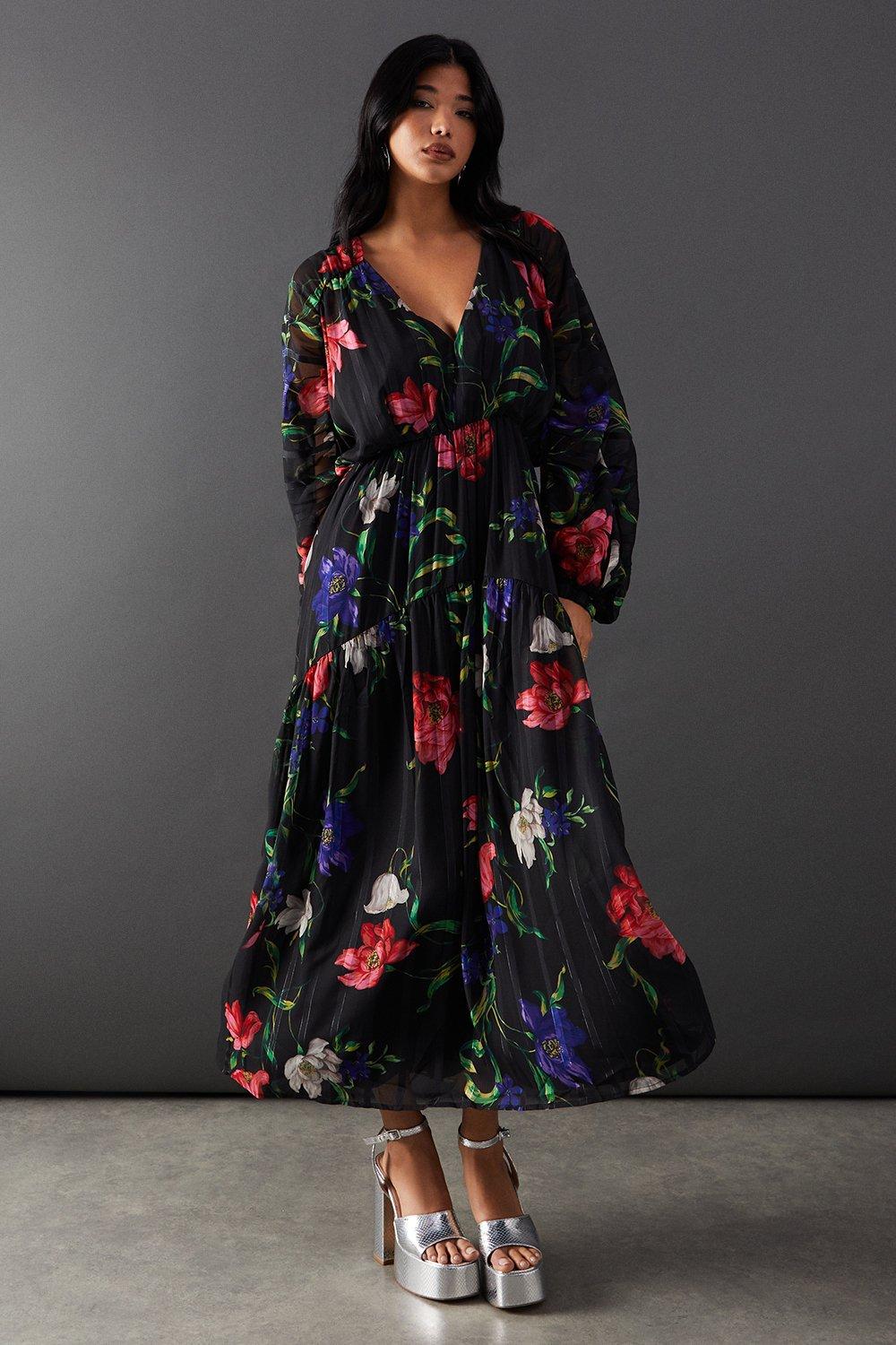 Warehouse Black Floral Shadow Stripe Chiffon Plunge Neck Tier Midi ...