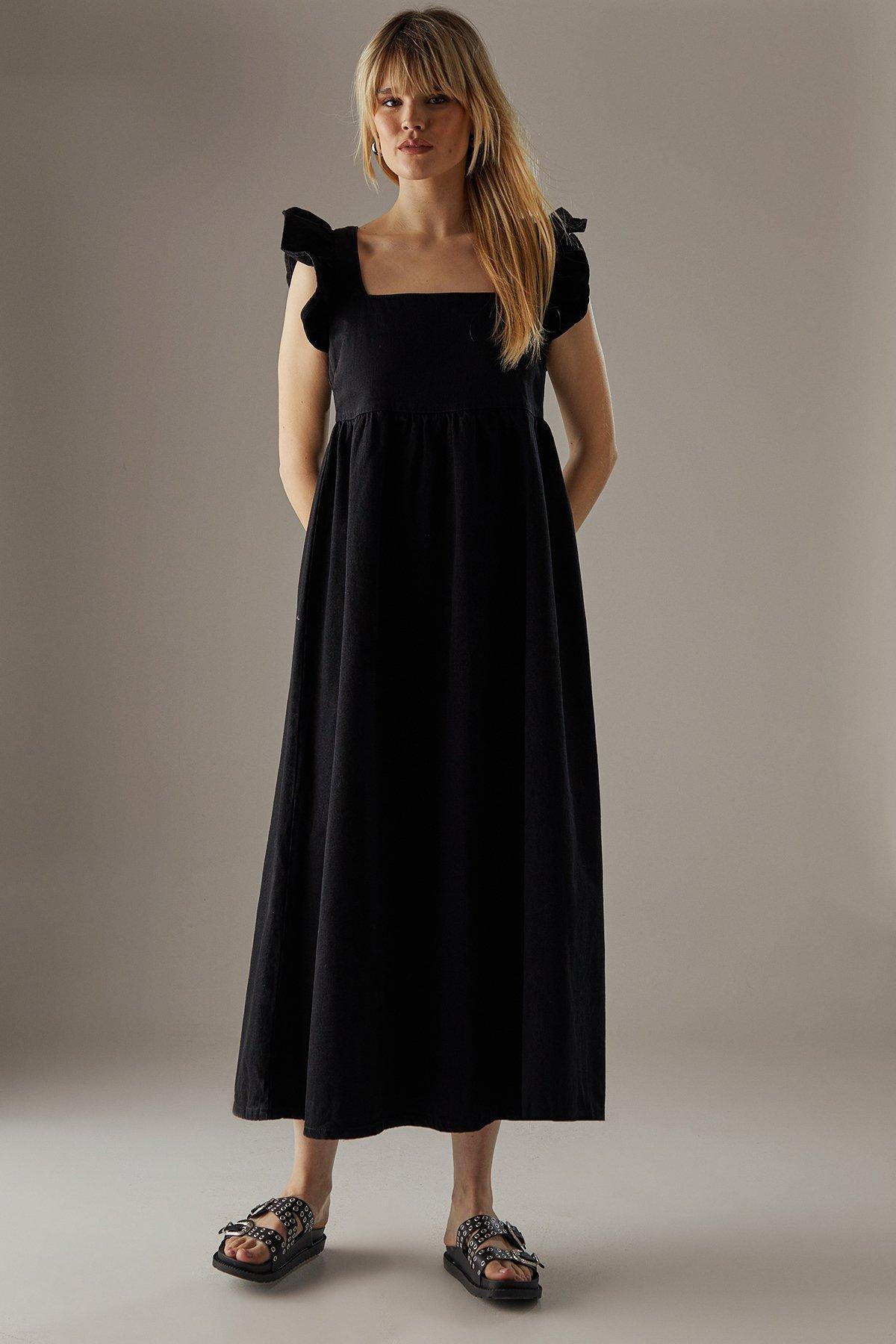 Warehouse Washed Black Denim Square Neck Frill Smock Midi Dress ...