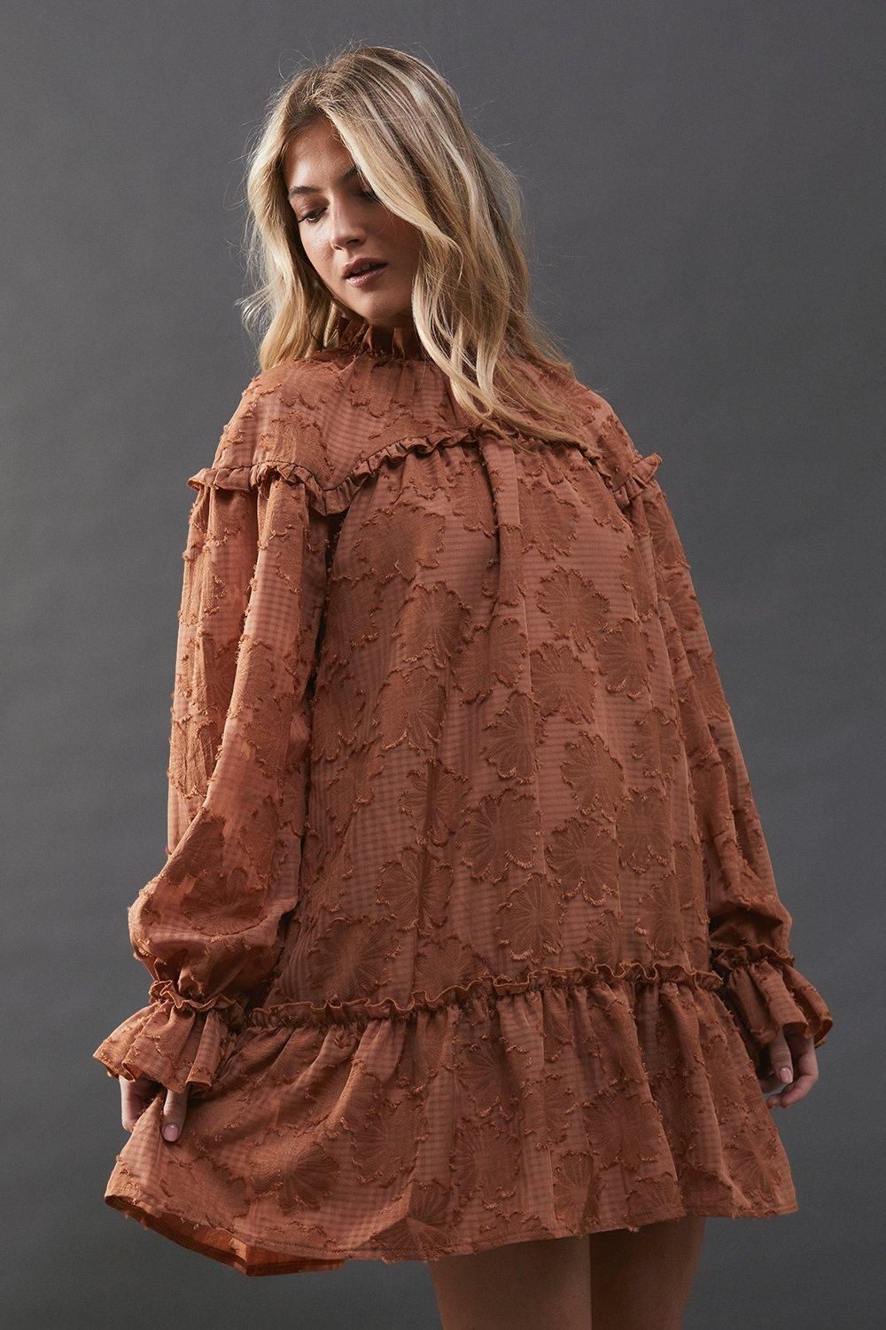 Warehouse Rose Floral Jacquard Ruffle Neck Mini Smock Dress | PLT