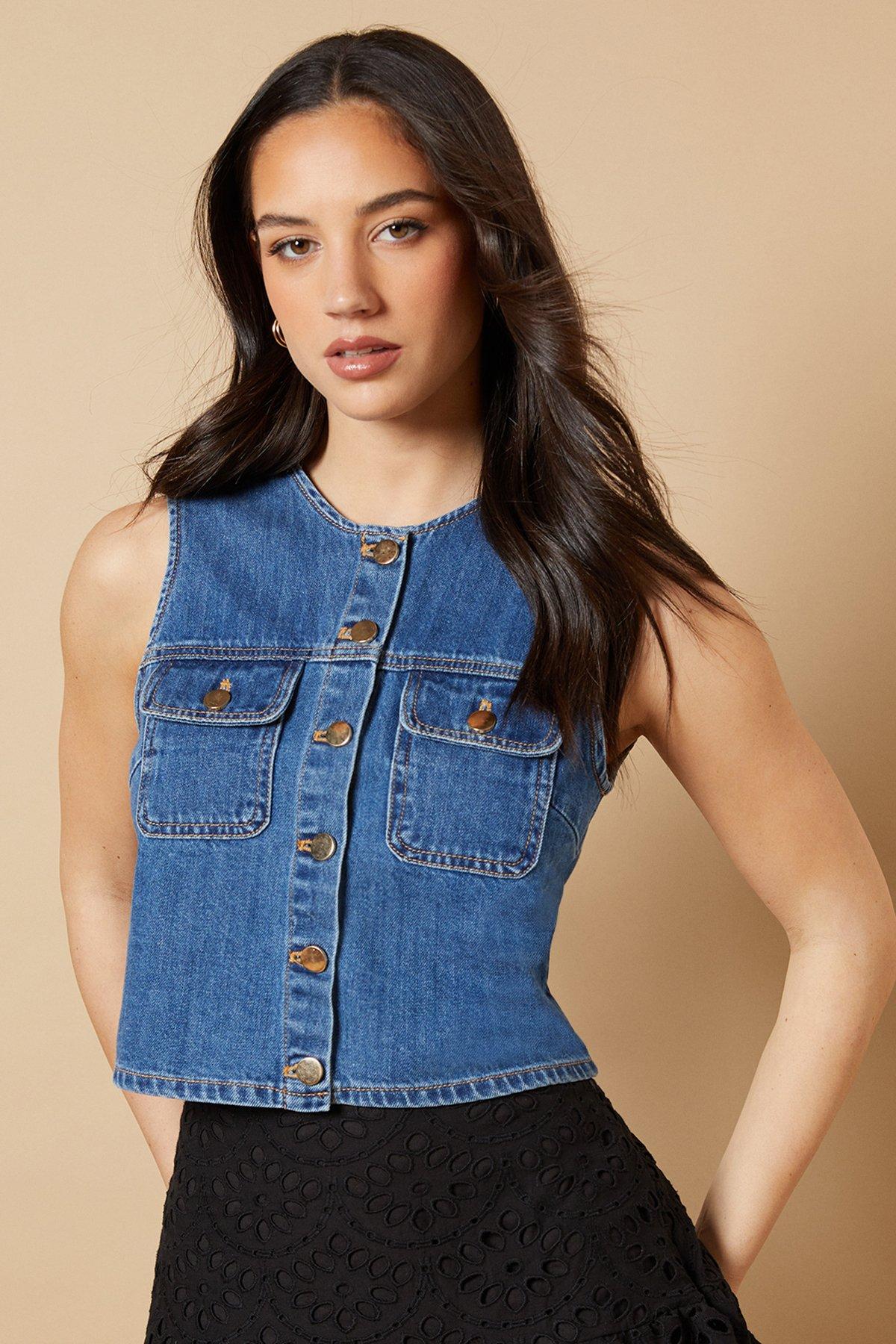 Oasis Mid Wash Denim Waistcoat With Patch Pockets | PLT