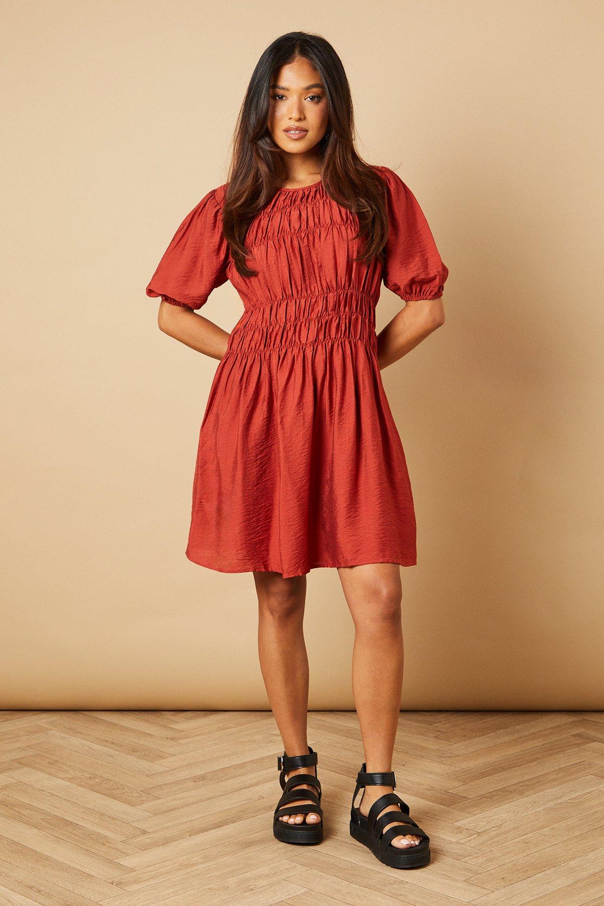 Oasis Rust Petite Shirred Bodice Puff Sleeve Mini Dress | PrettyLittleThing