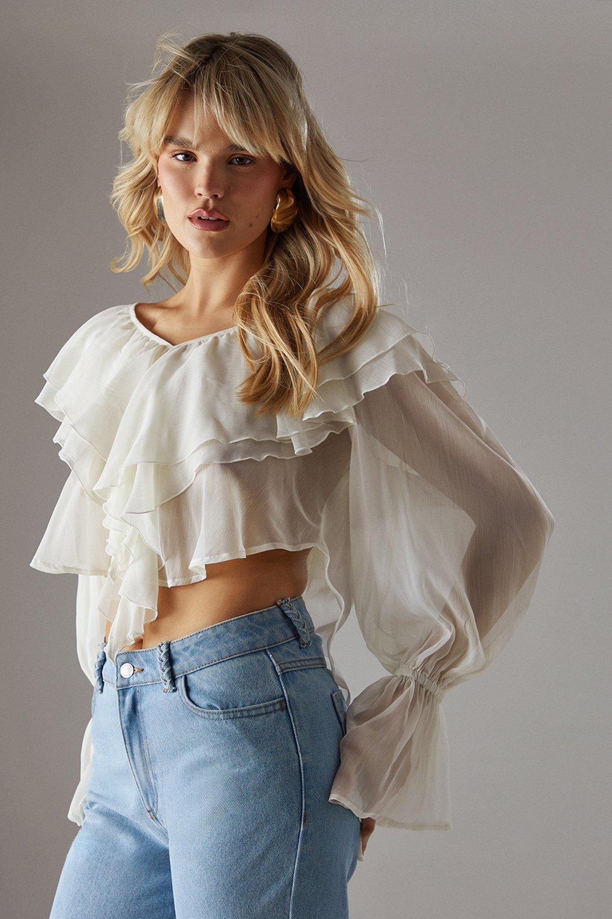 Warehouse Ivory Chiffon Double Ruffle Boho Blouse | PrettyLittleThing
