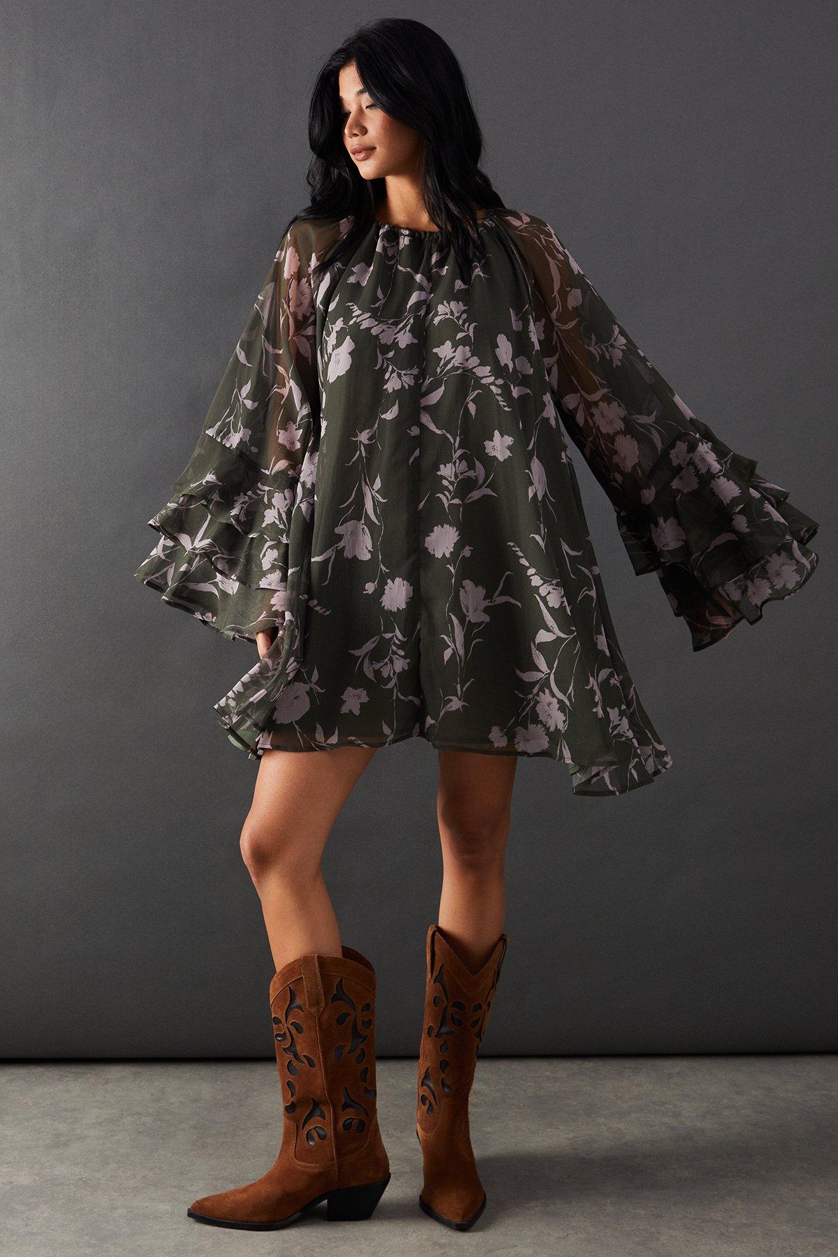 Warehouse Floral Floral Chiffon Ruffle Volume Sleeve Mini Smock Dress | PLT