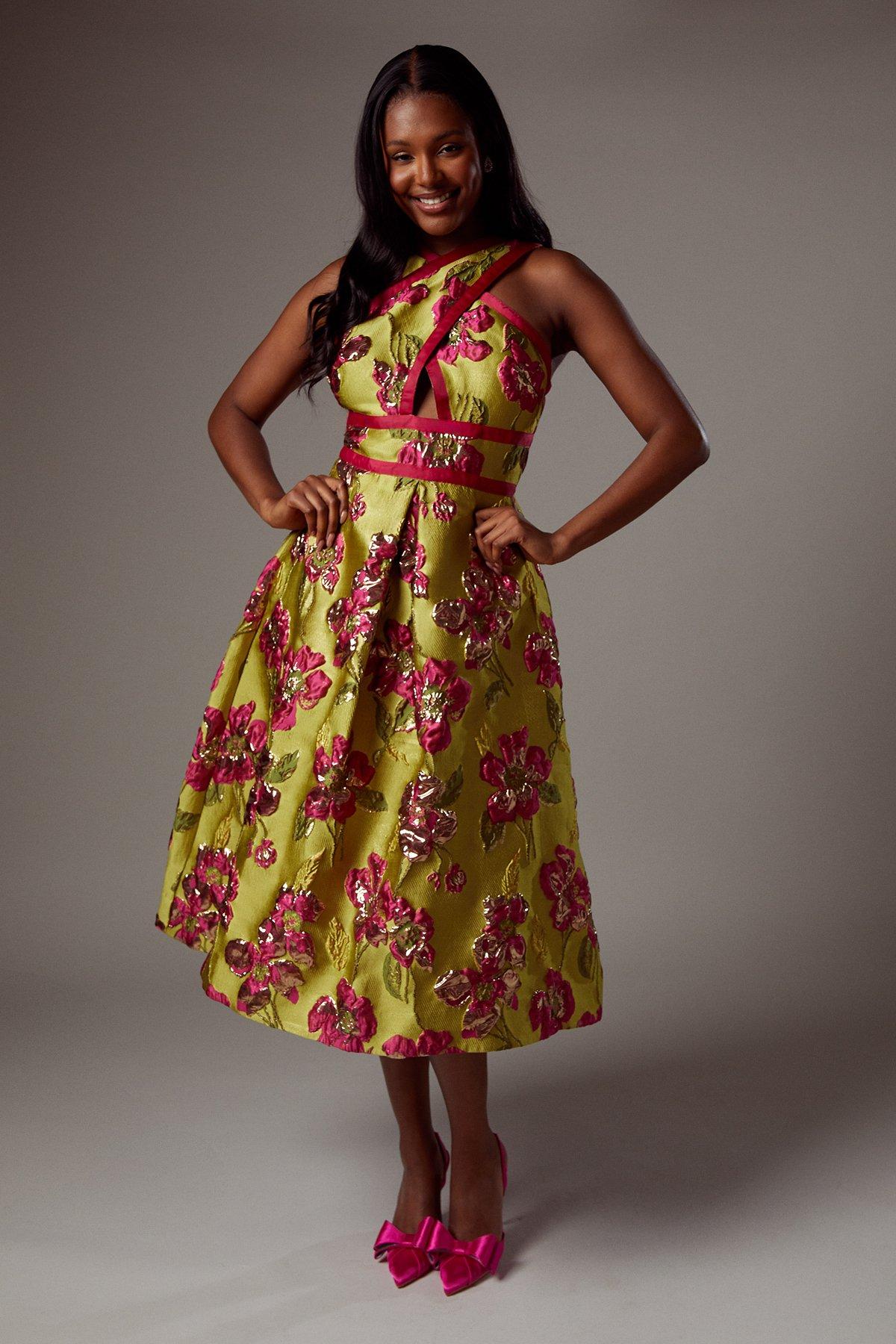 Coast Chartreuse Cross Neck Jacquard Dress | PLT