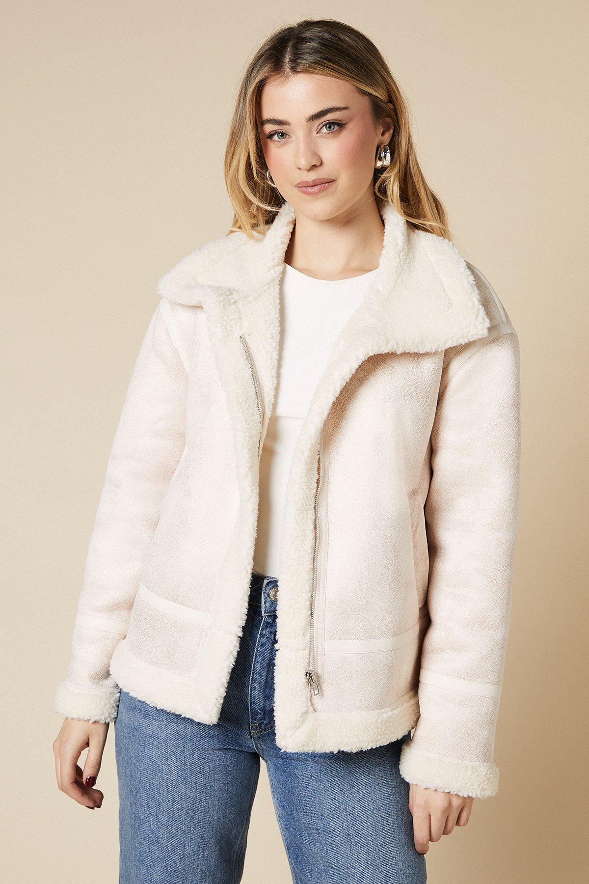 Dorothy Perkins Cream Zip Through Borg Aviator Jacket | PLT