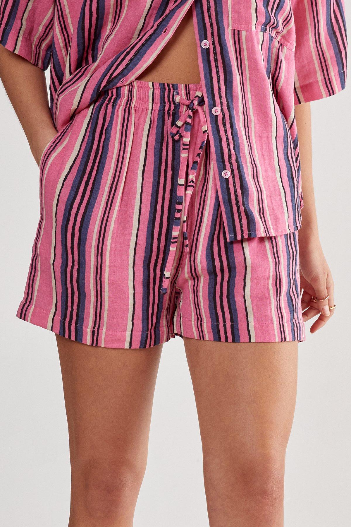 NastyGal Pink Cotton Gauze Stripe Tie Waist Shorts | PLT