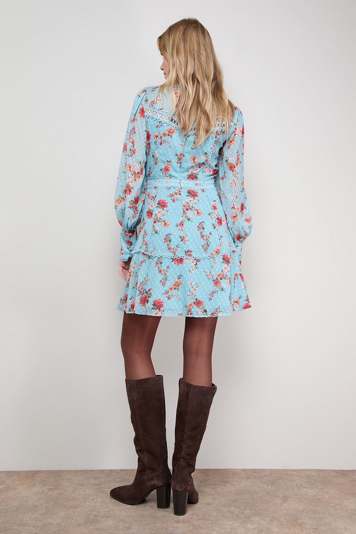 Oasis Blue Printed Lace Trim Long Sleeve Flippy Mini Dress | PLT