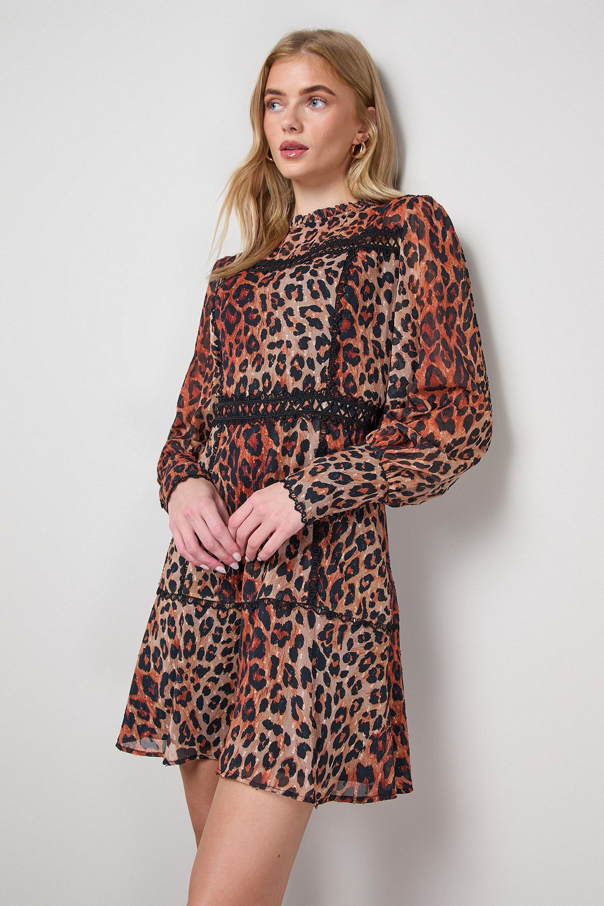 Oasis Animal Printed Lace Trim Long Sleeve Flippy Mini Dress | PLT