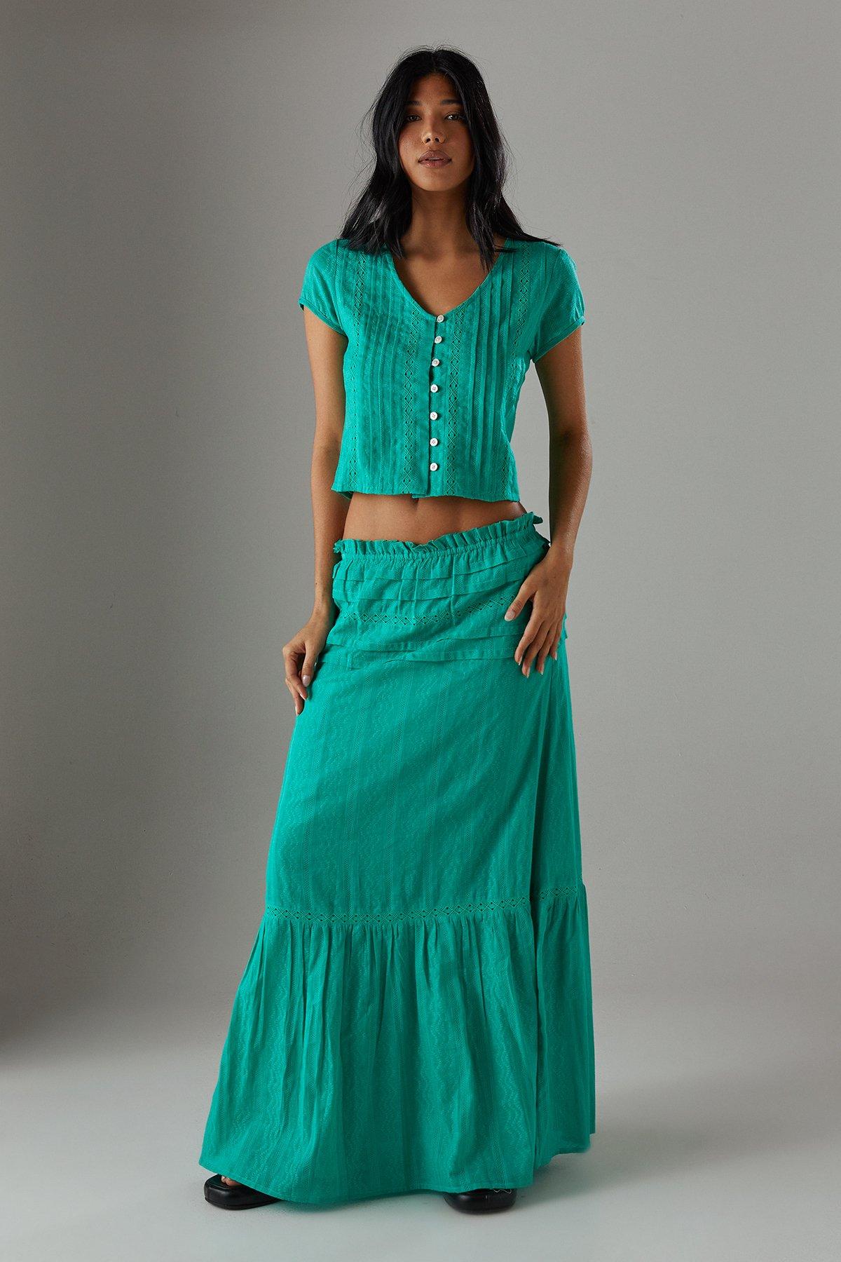 Warehouse Green Cotton Dobby Button Through Boho Crop Top ...