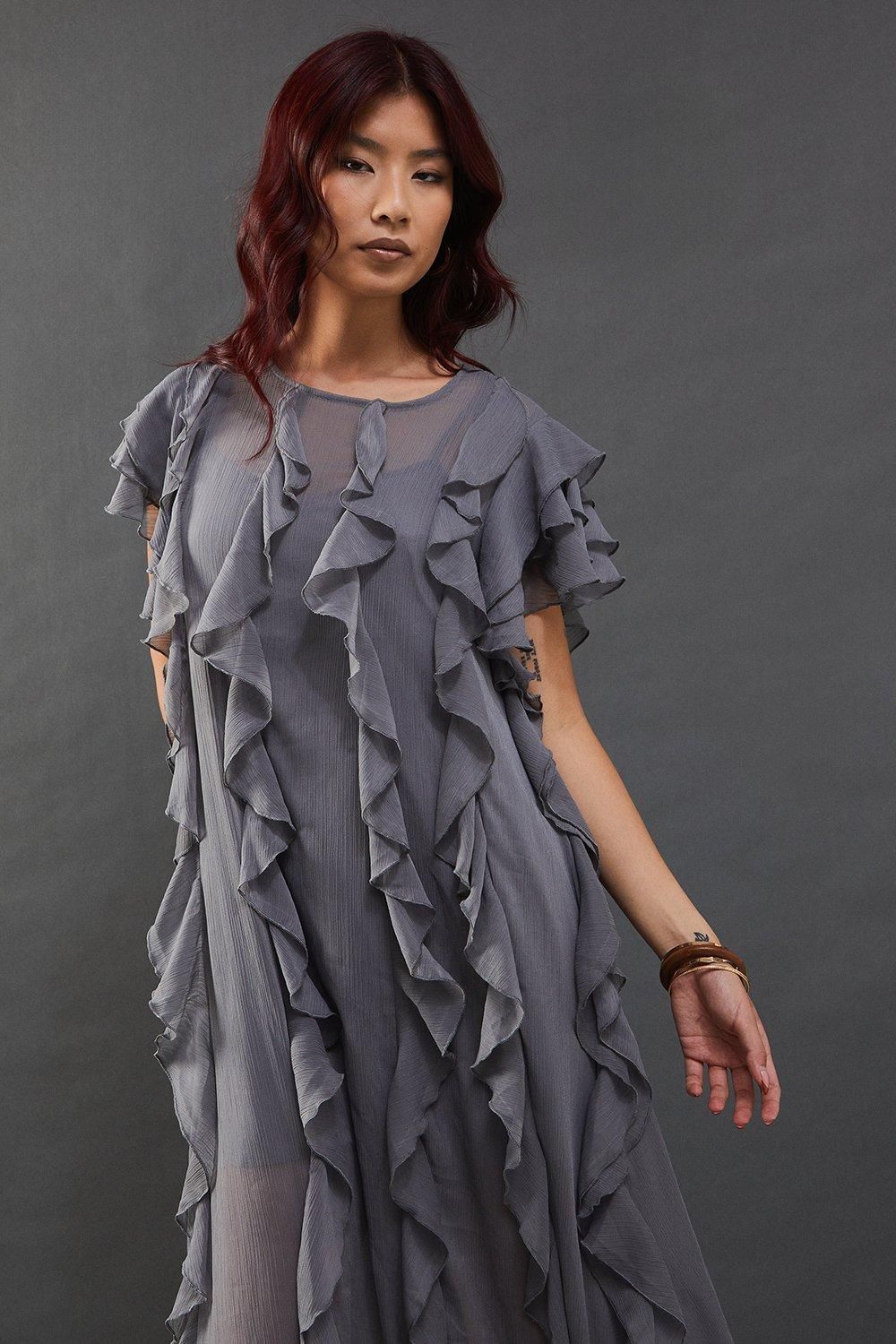 Warehouse Grey Chiffon Ruffle Tendril Sleeveless Midaxi Dress | PLT