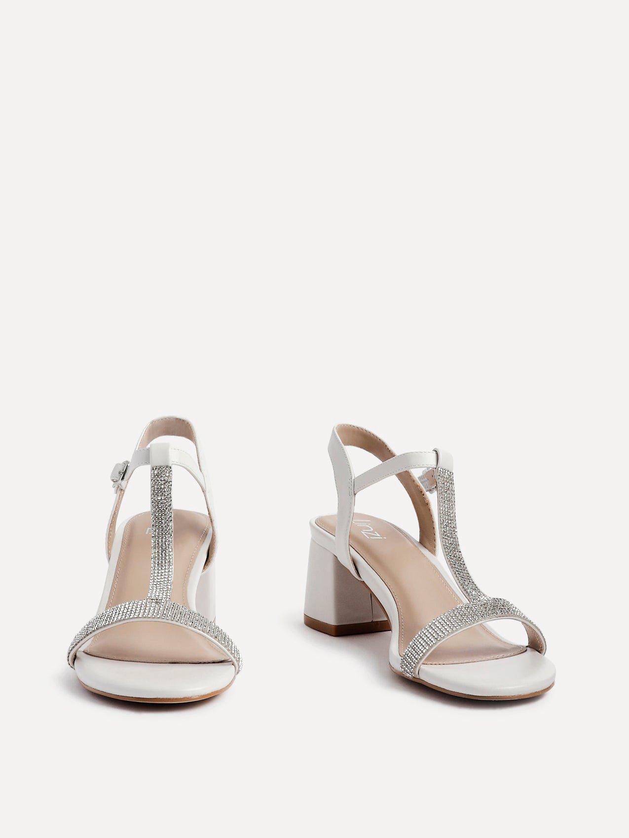 Linzi White Amaya White Faux Leather T-Bar Diamante Block Heeled Sandal ...