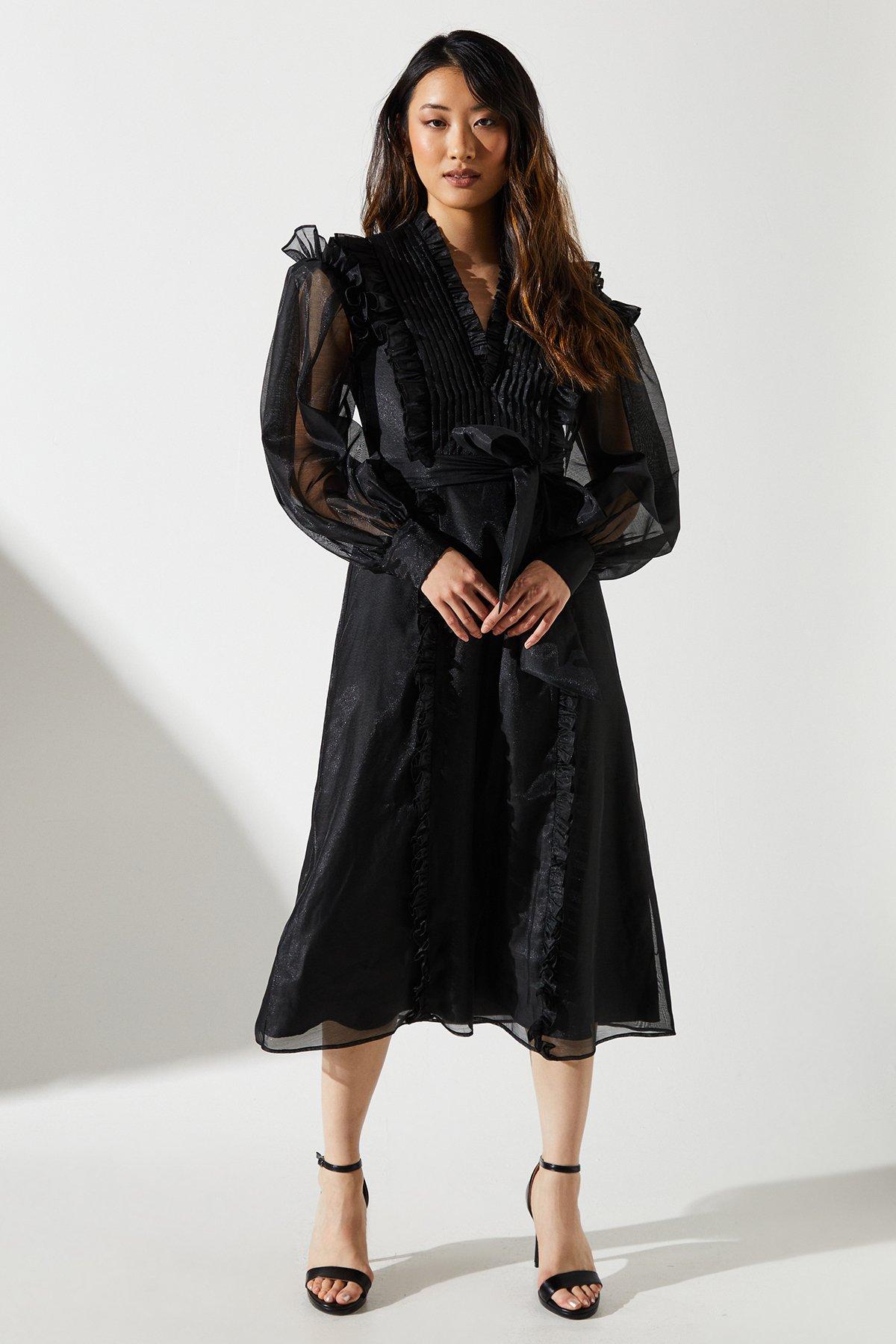 Coast Black Organza Frill Trim Midi Dress | PrettyLittleThing