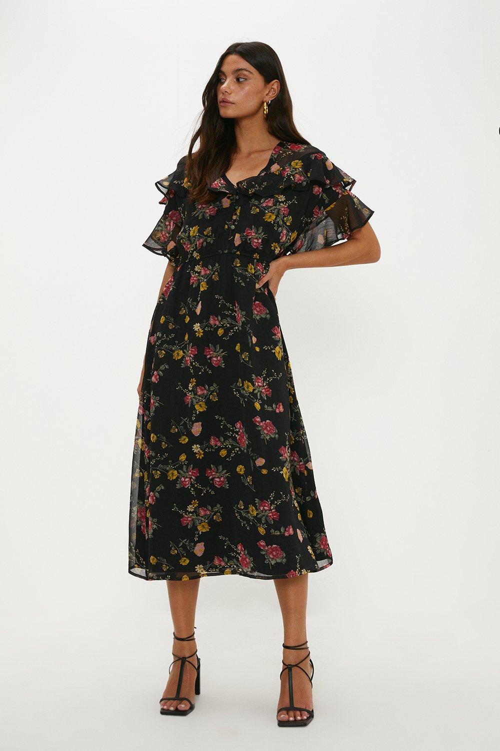 Oasis Black Floral Chiffon Ruffle Midi Dress | PLT