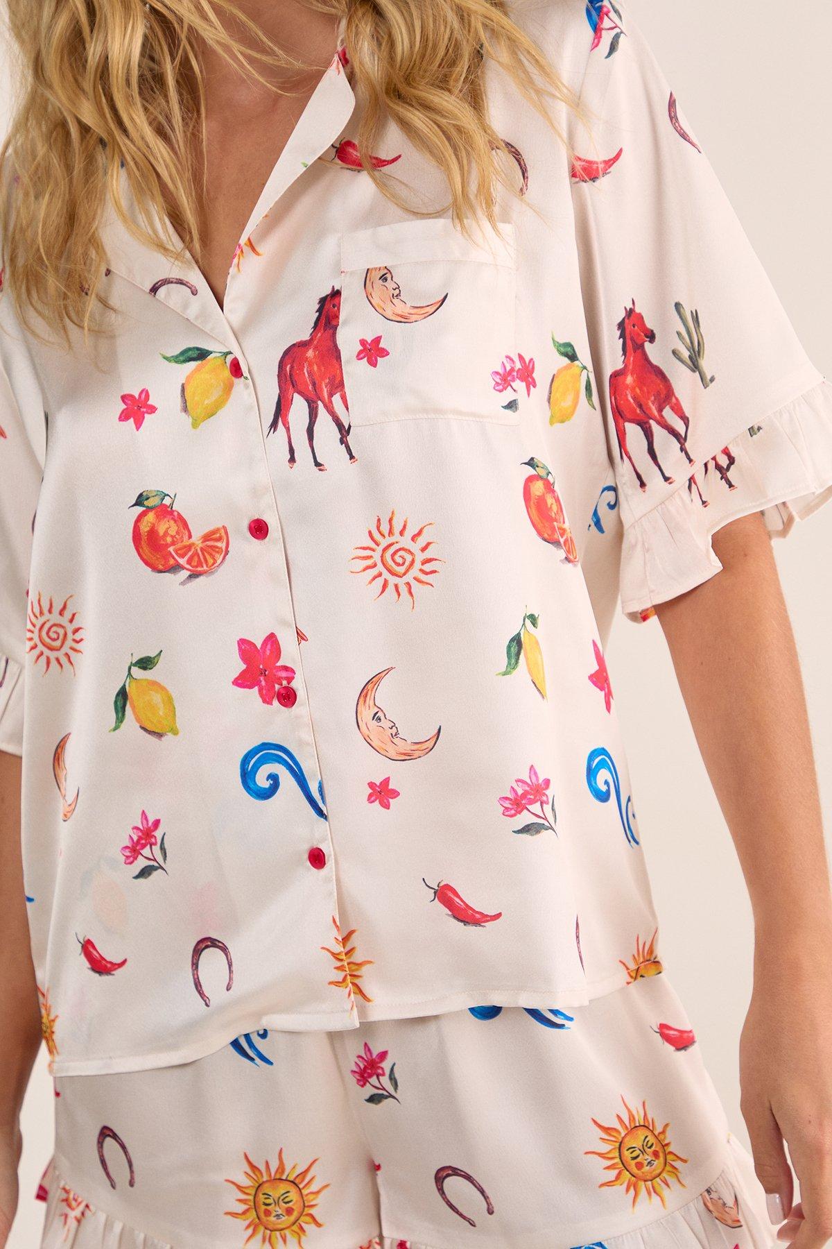 NastyGal Champagne Satin Western Conversational Ruffle Pajama Shorts ...