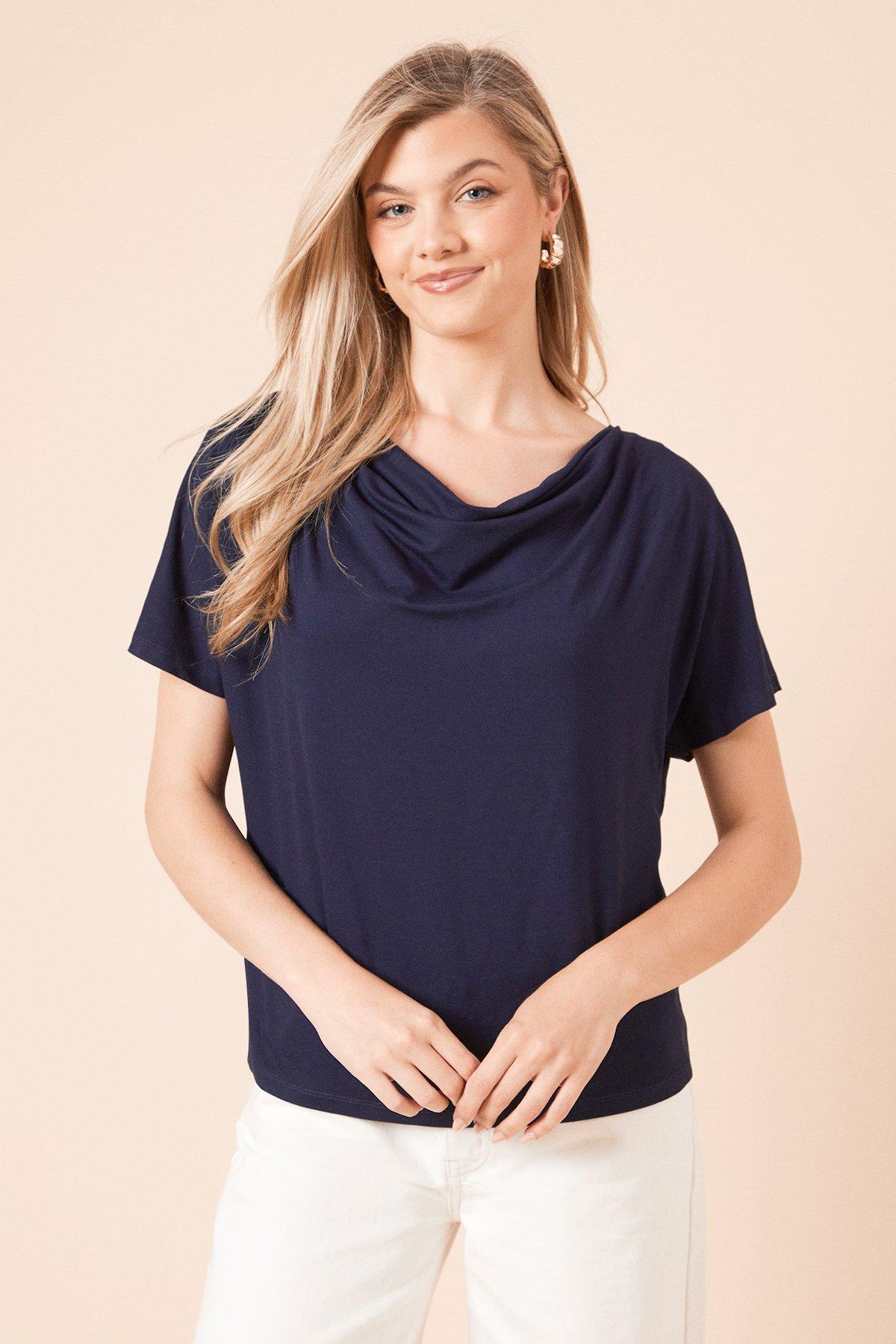 Dorothy Perkins Navy Cowl Neck T Shirt | PrettyLittleThing