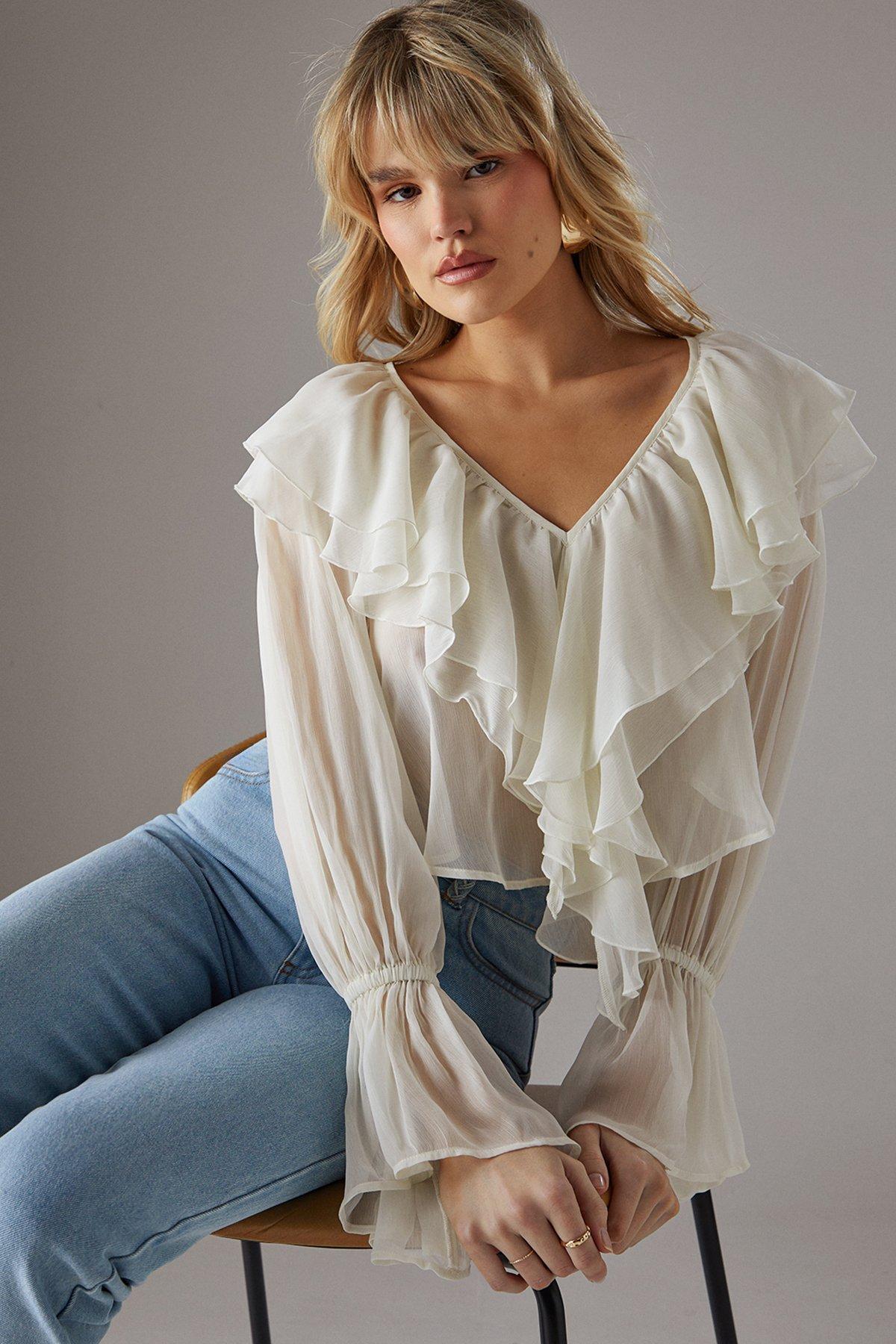 Warehouse Ivory Chiffon Double Ruffle Boho Blouse | PrettyLittleThing