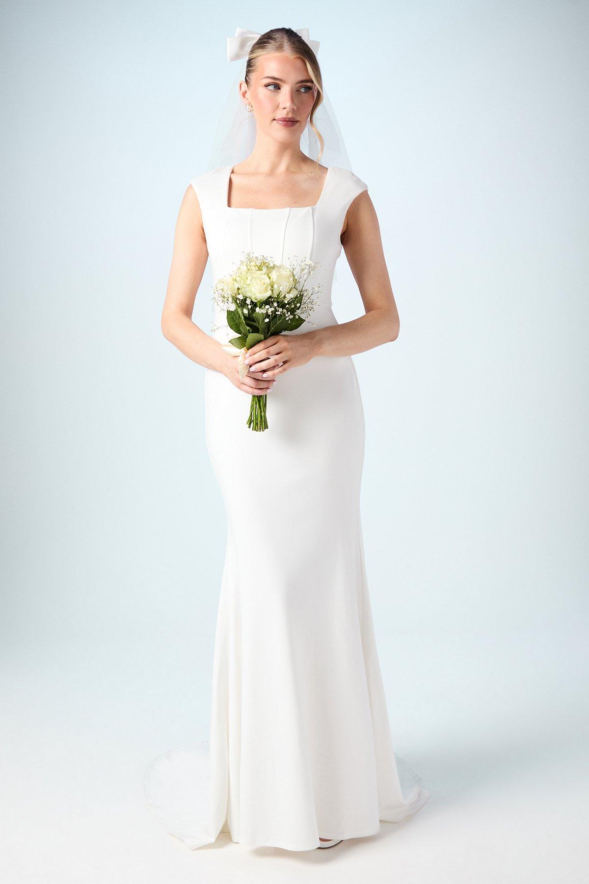 Coast Ivory Square Neck Ponte Fishtail Wedding Dress With Puddle | PLT