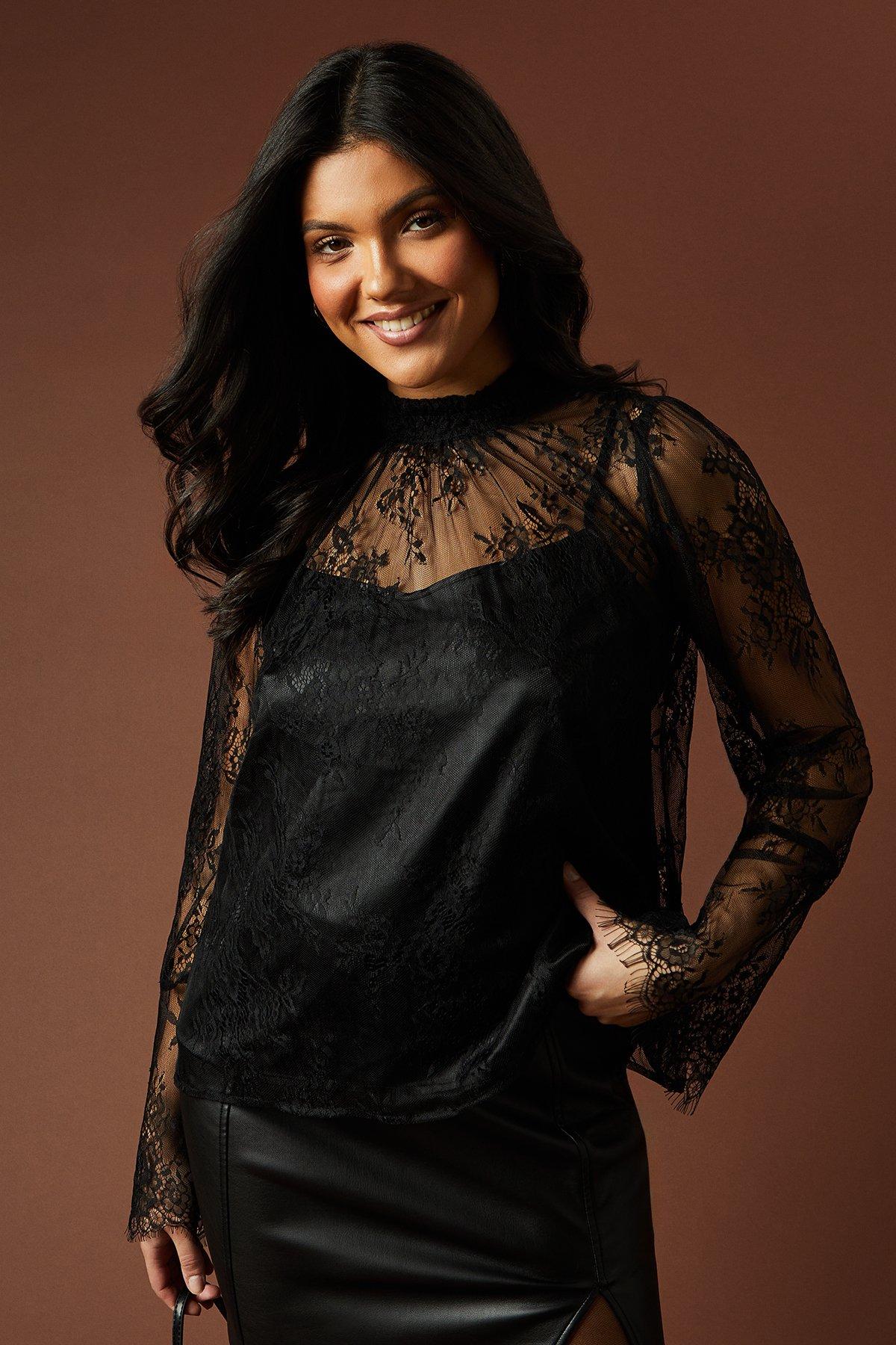 Oasis True Black Scallop Edge Lace Blouse | PLT