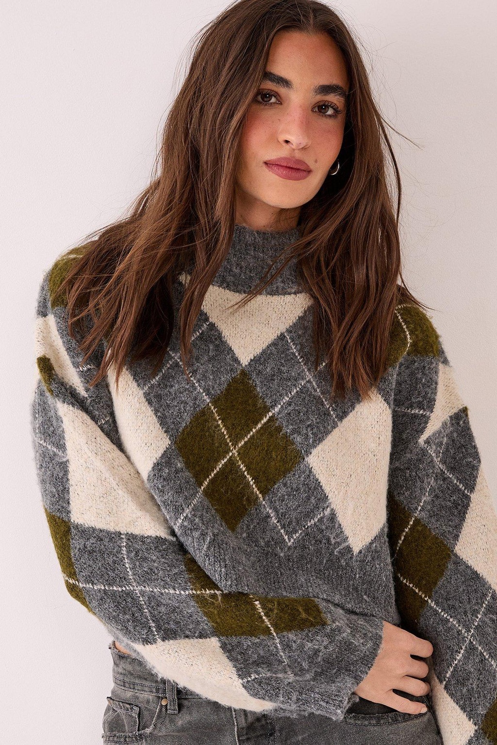 NastyGal Grey Brushed Argyle Turtleneck Boxy Cropped Jumper ...