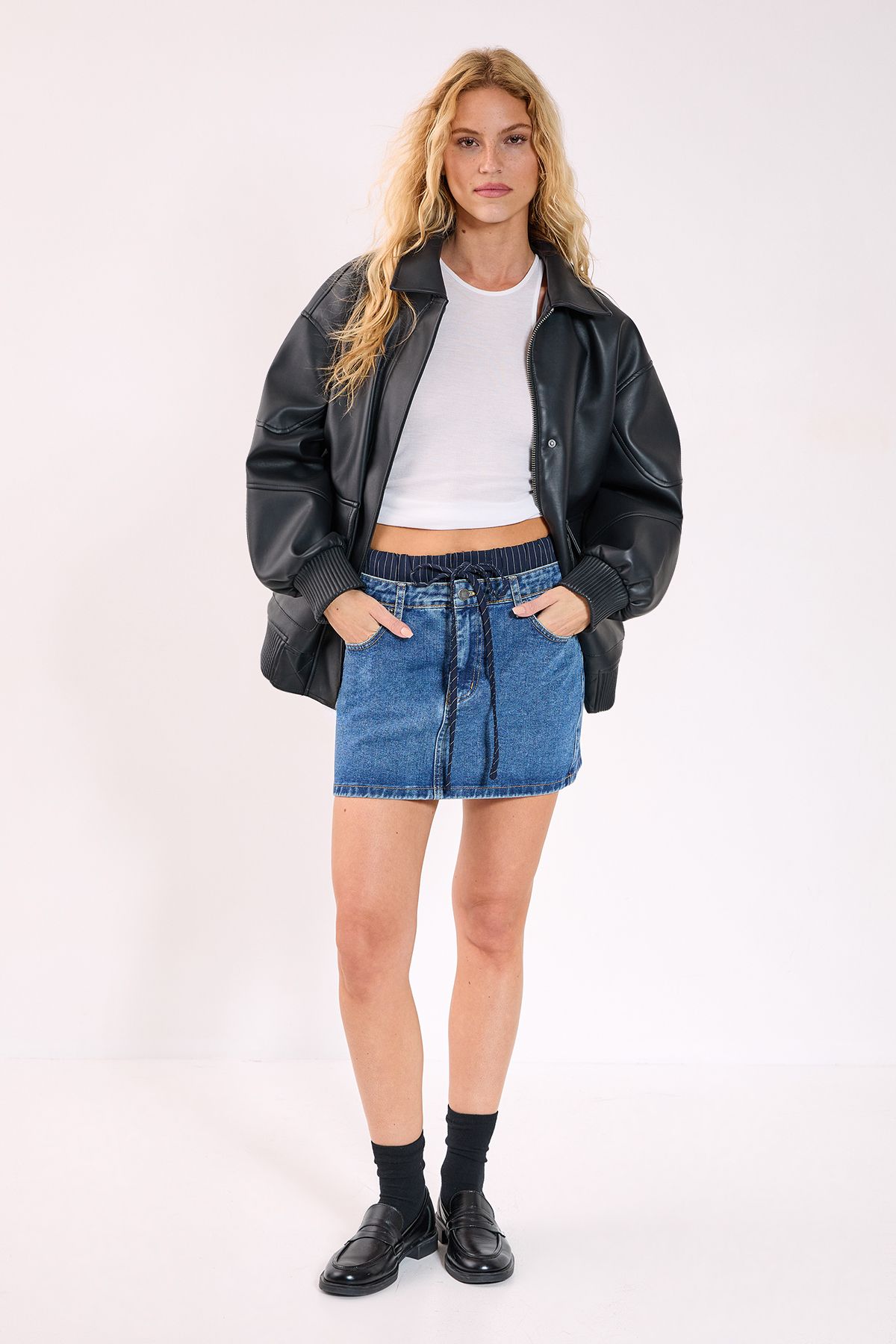NastyGal Authentic Midwash Denim Stripe Boxer Waistband Mini Skirt | PLT