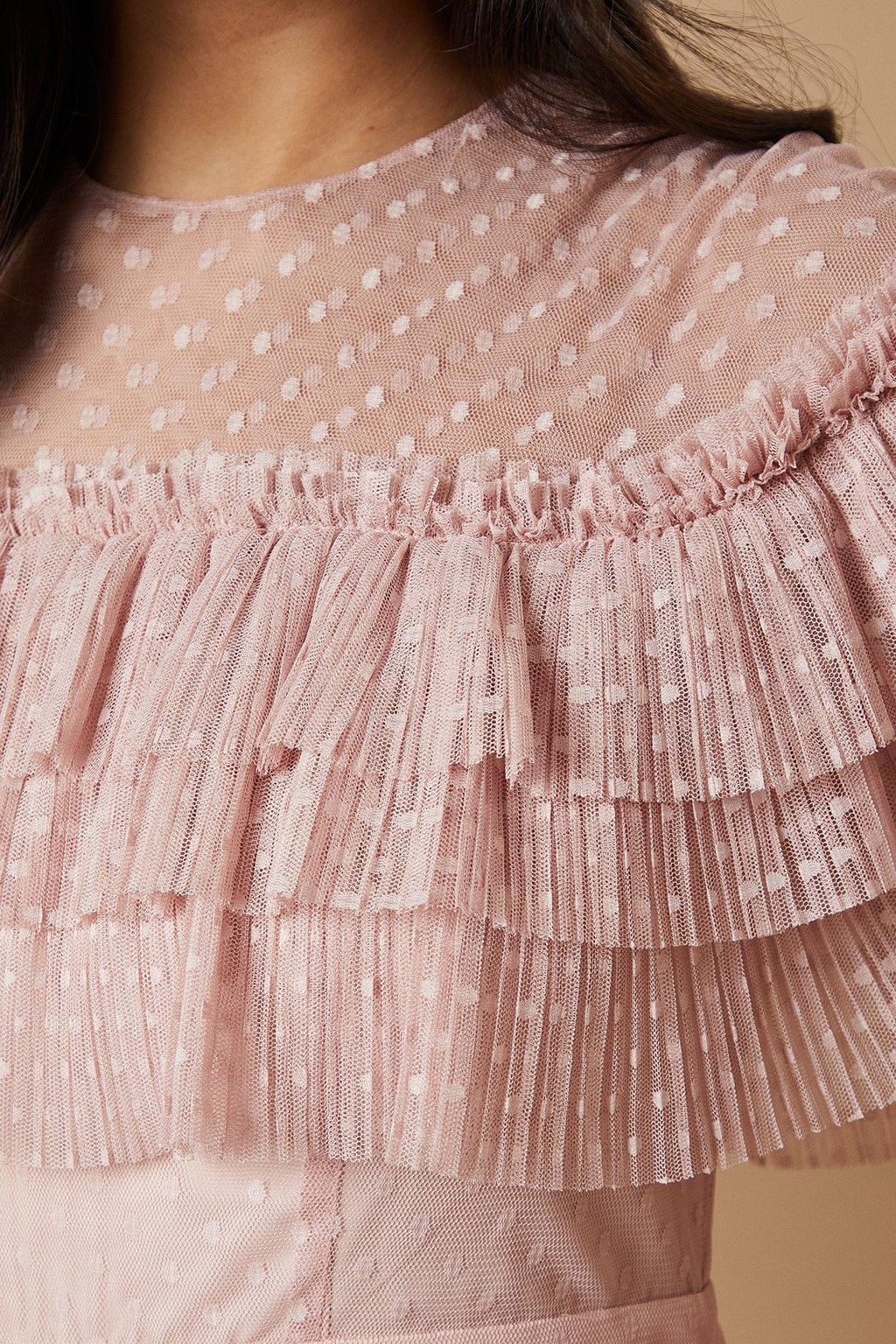 Oasis Pink Spot Mesh Ruffle Detail Maxi Dress | PLT