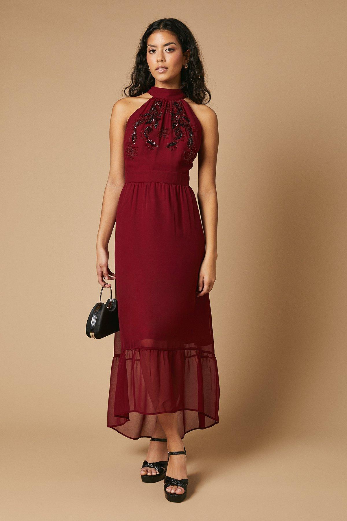 Oasis Wine Petite Occasion Embellished Halter Maxi Dress | PrettyLittleThing