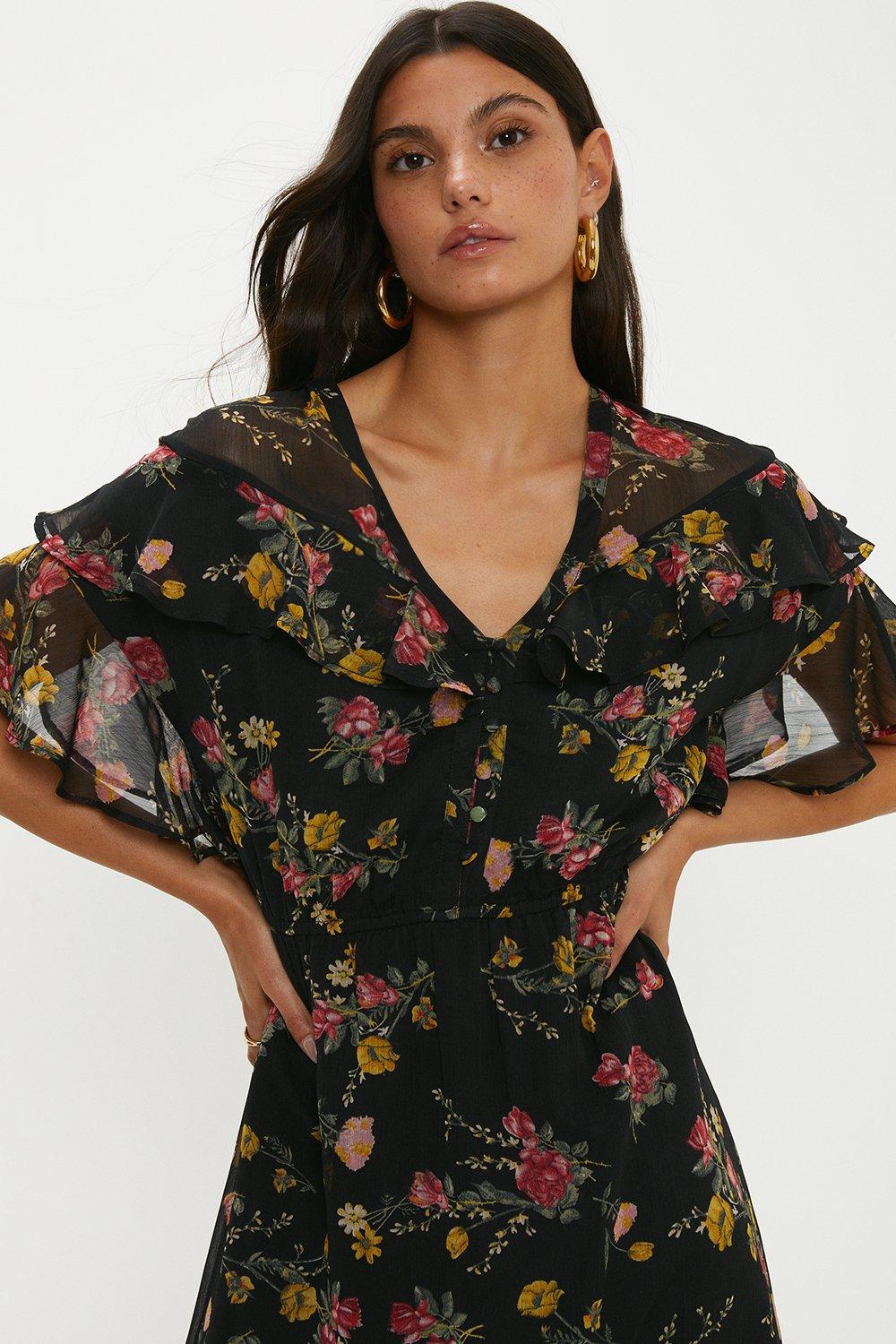 Oasis Black Floral Chiffon Ruffle Midi Dress | PLT