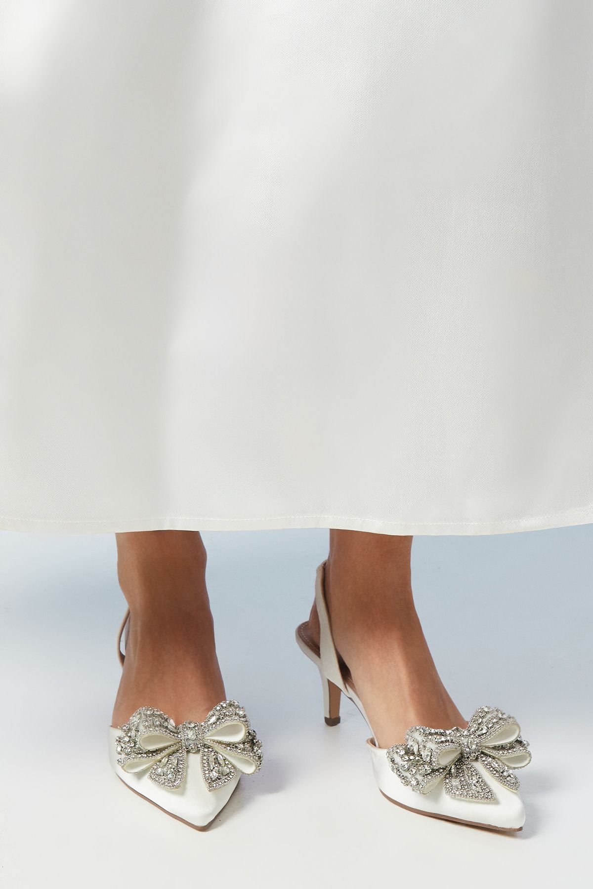 Coast White Bridal Sylvie Jewelled Bow Satin Slingback Court Shoes | PLT