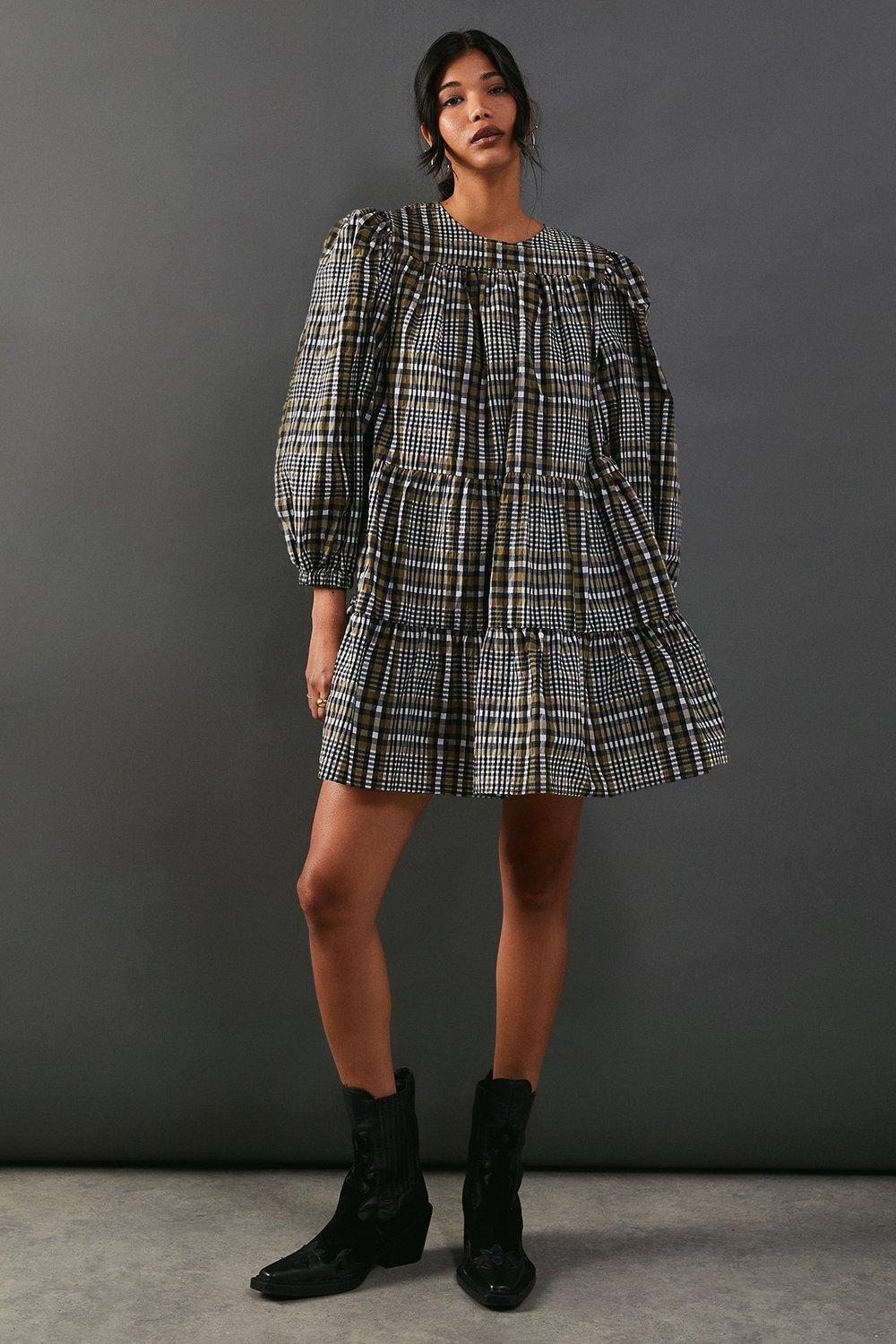 Warehouse Khaki Check Smock Tiered Mini Dress | PLT