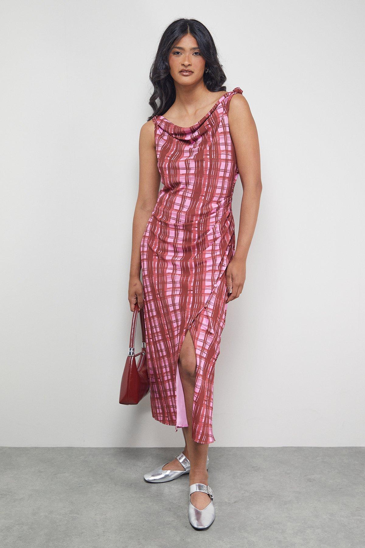 Warehouse Pink Tony Chiffon Cowl Button Wrap Midi Slip Dress ...