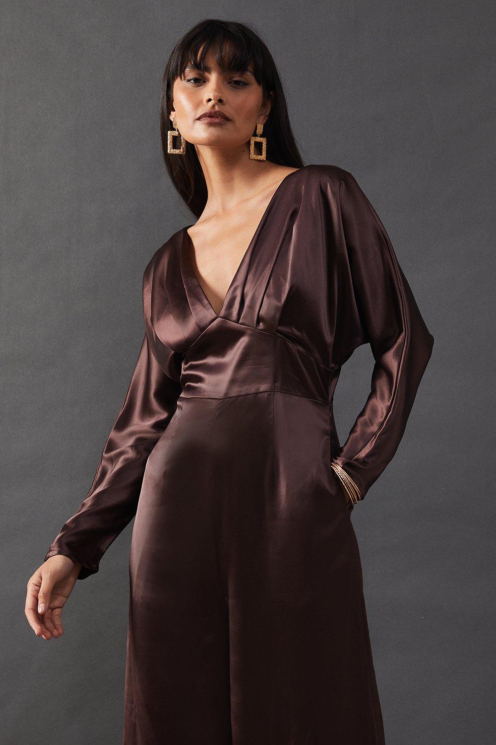 Warehouse Chocolate Satin Batwing Wide Leg Jumpsuit | PrettyLittleThing