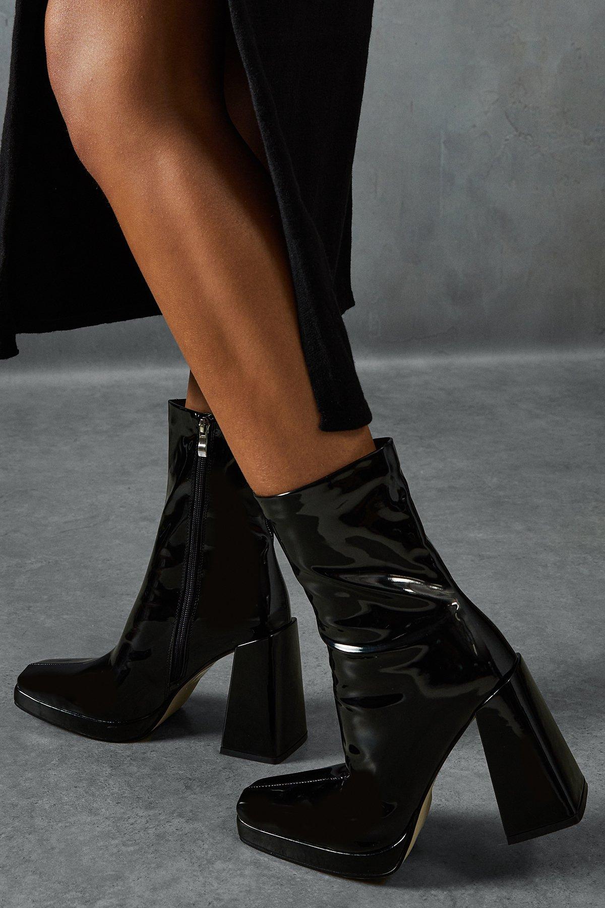 MissPap Black Patent Block Heel Ankle Boots | PLT