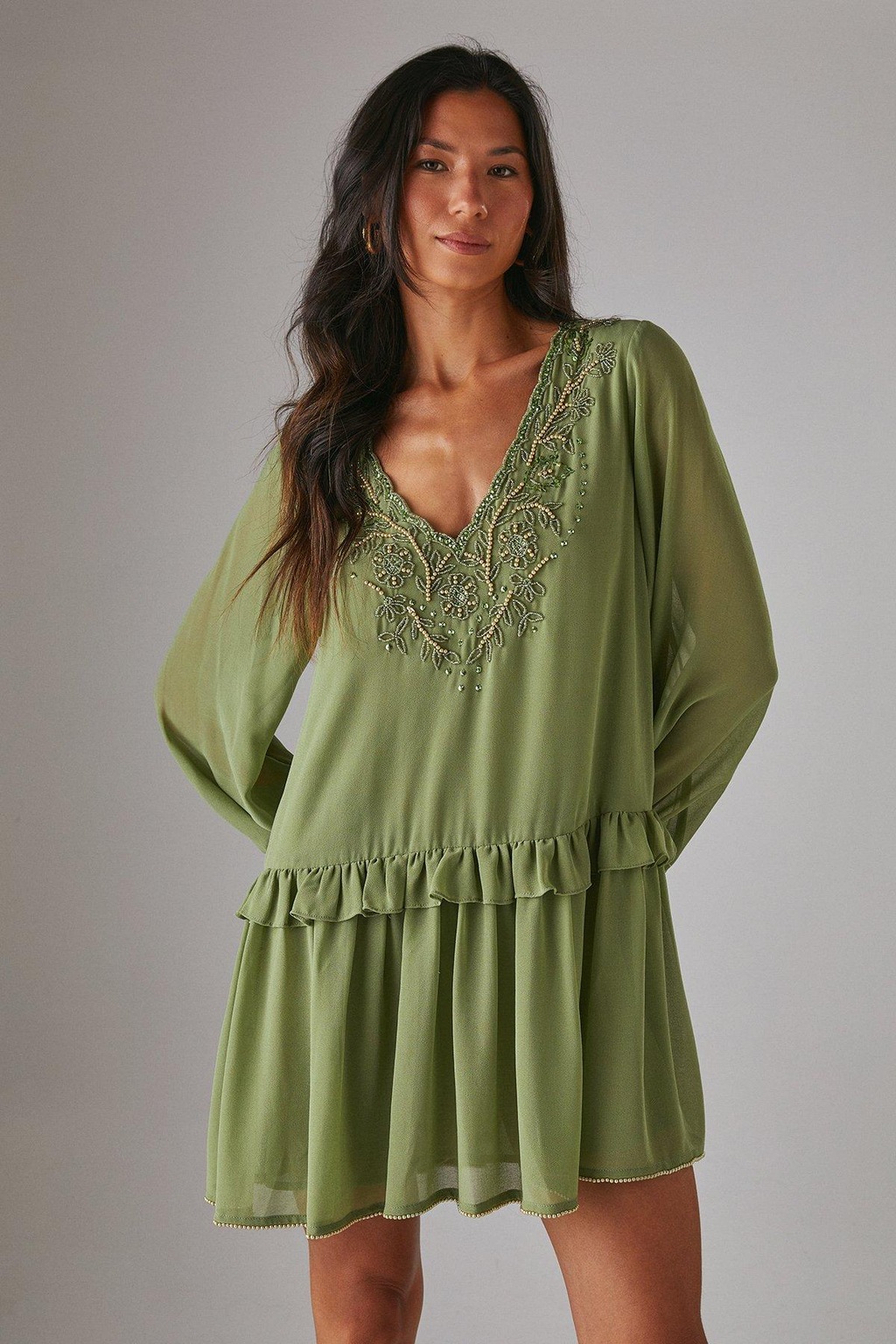 Warehouse Khaki Hand Embellished Chiffon Sequin Mini Smock Dress ...