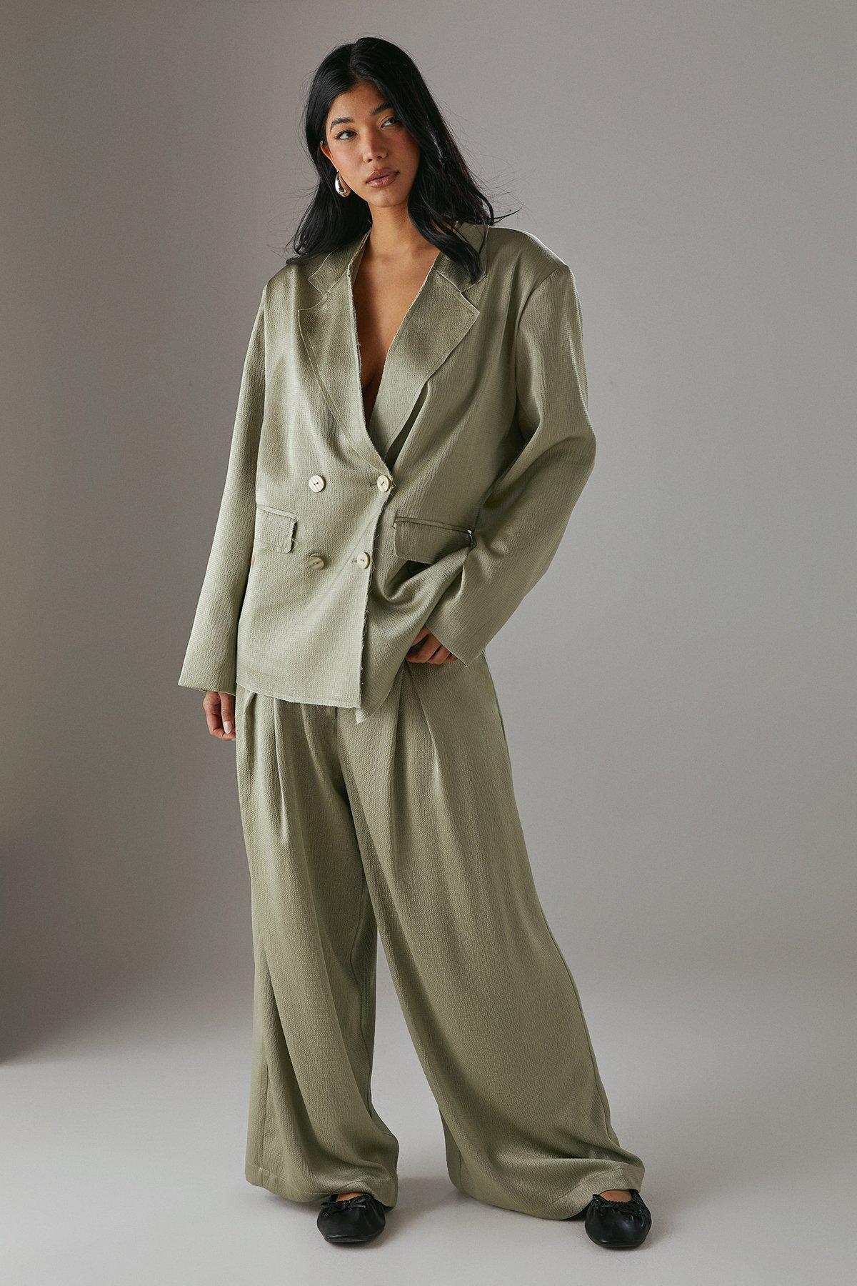 Warehouse Khaki Relaxed Satin Wide Leg Trousers With Raw Edge Waistband ...