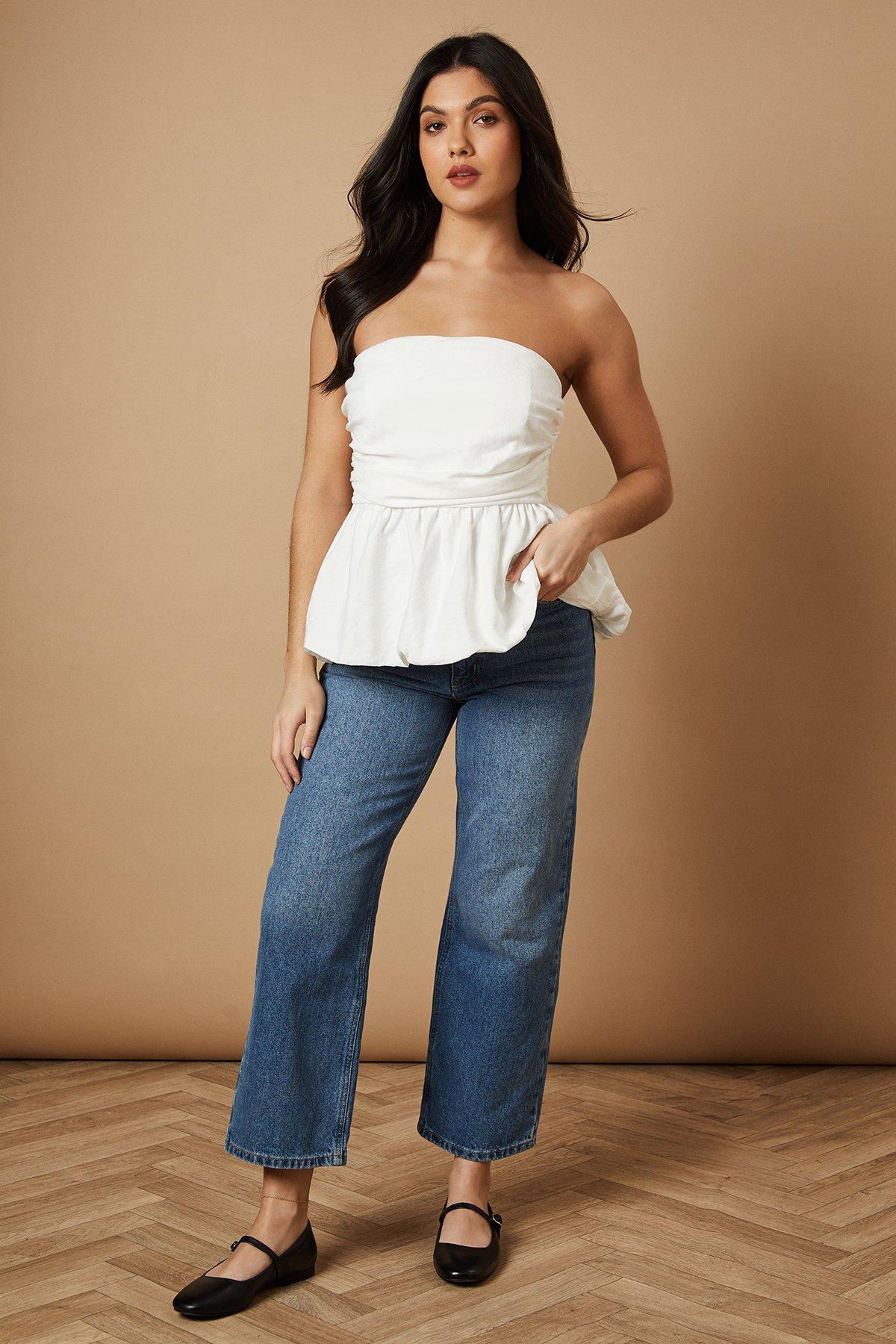 Oasis White Strapless Gathered Peplum Top | PLT