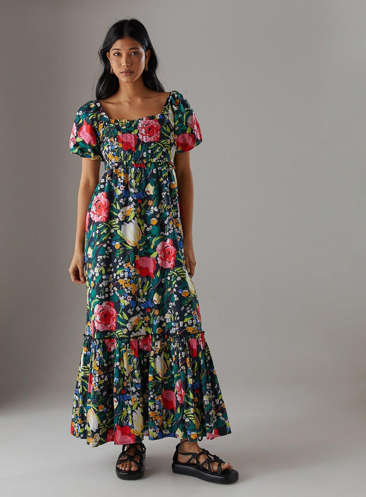 Warehouse Floral Poplin Pintuck Bodice Square Neck Midi Smock Dress ...