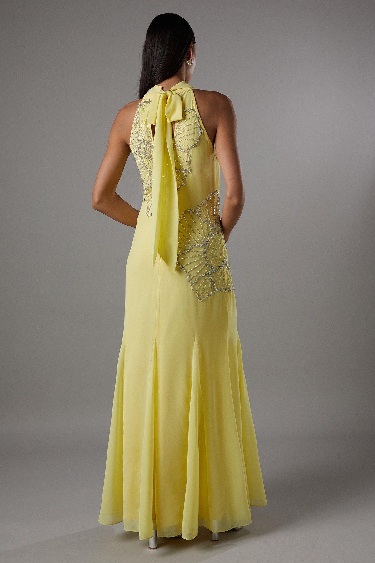 Coast Yellow Embellished Maxi Dress With Godet Pleats | PrettyLittleThing