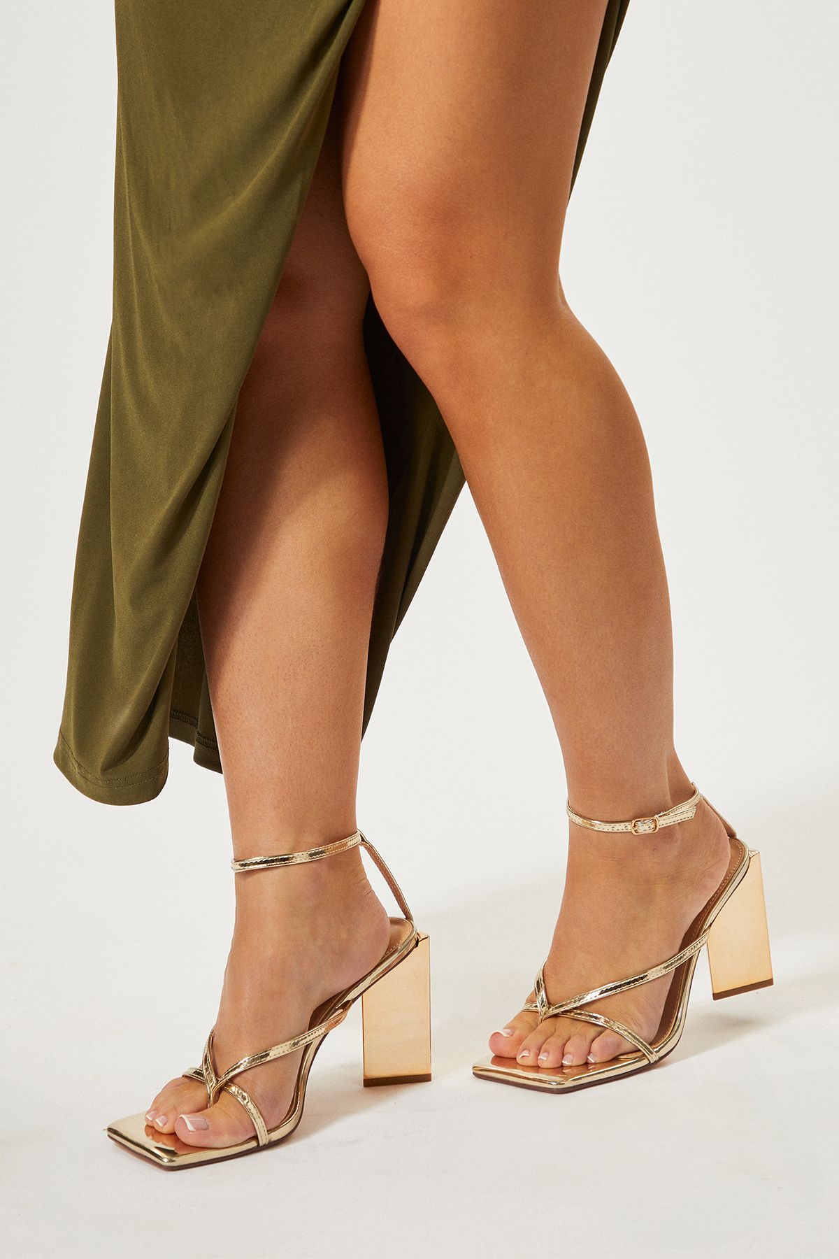 MissPap Gold Metallic Cross Strap Toe Post High Block Heel Sandals | PLT