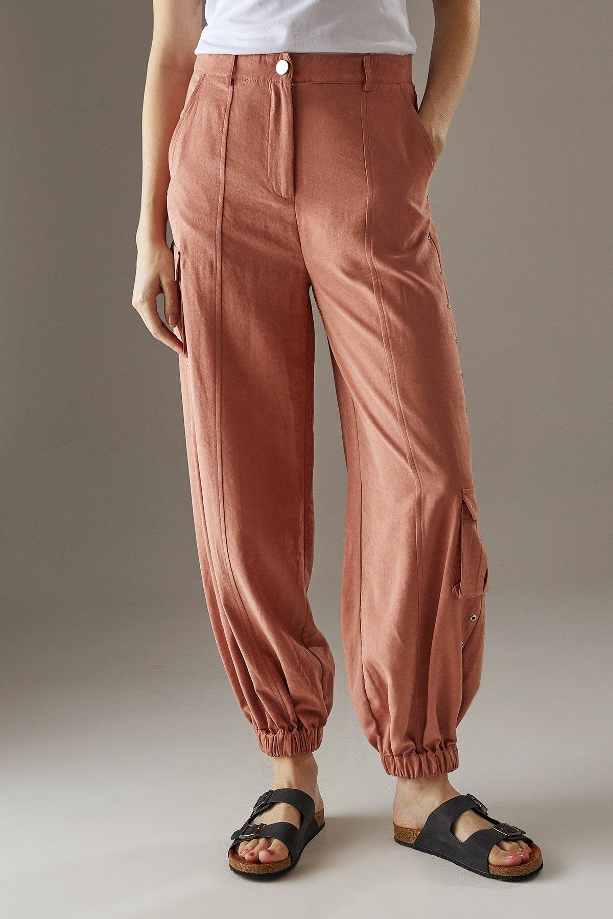 Warehouse Rust Peach Satin Utility Eyelet Detail Cuffed Trousers | PLT