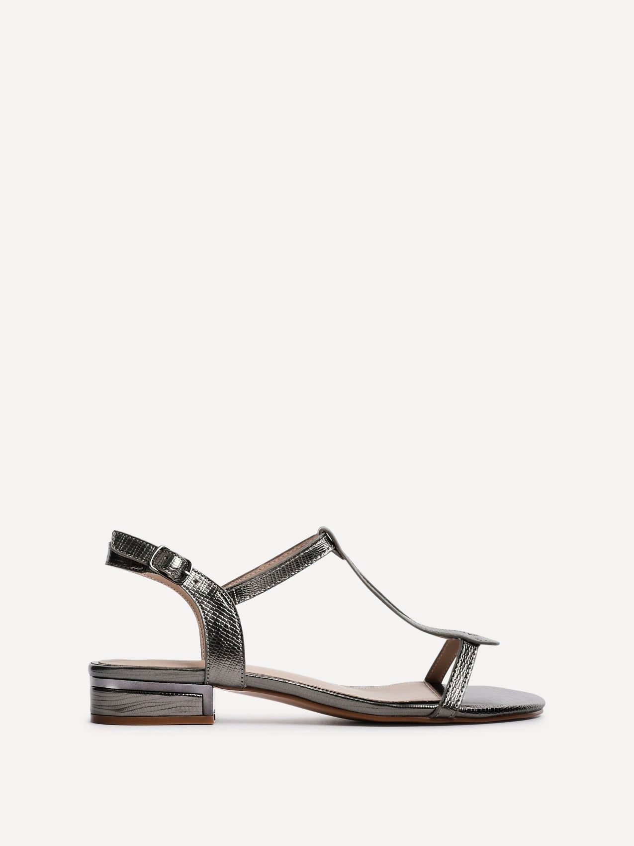 Linzi Silver Lavish Pewter Lizard T-Bar Looped Low Block Sandal | PLT