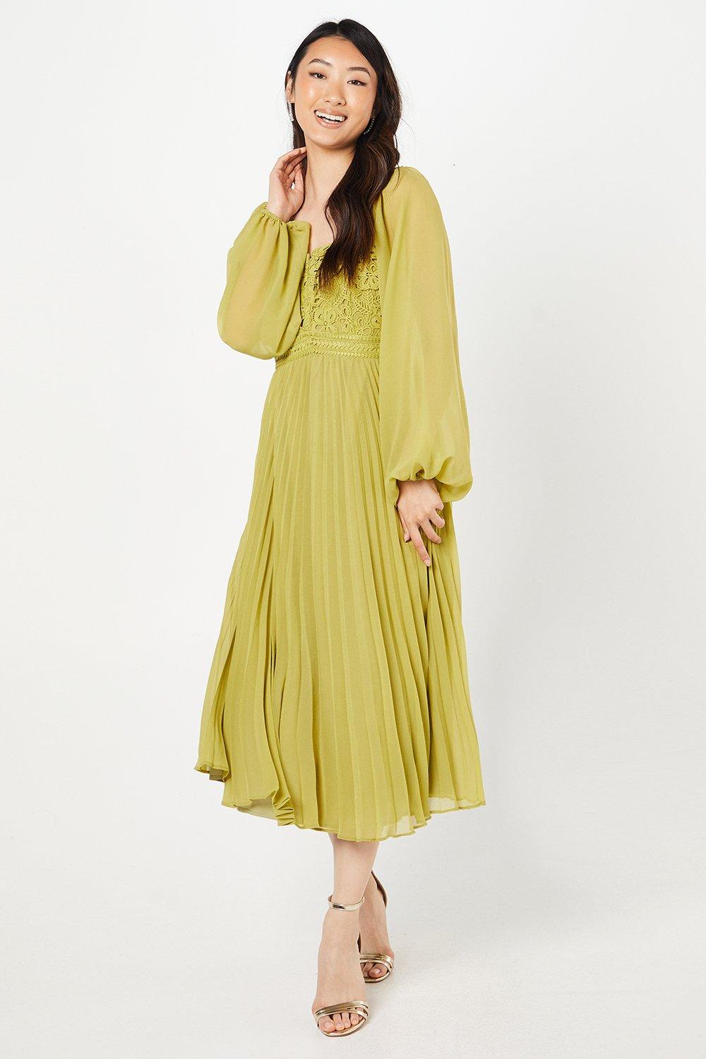 Coast Olive Lace Pleated Midi Wedding Guest Dress | PLT
