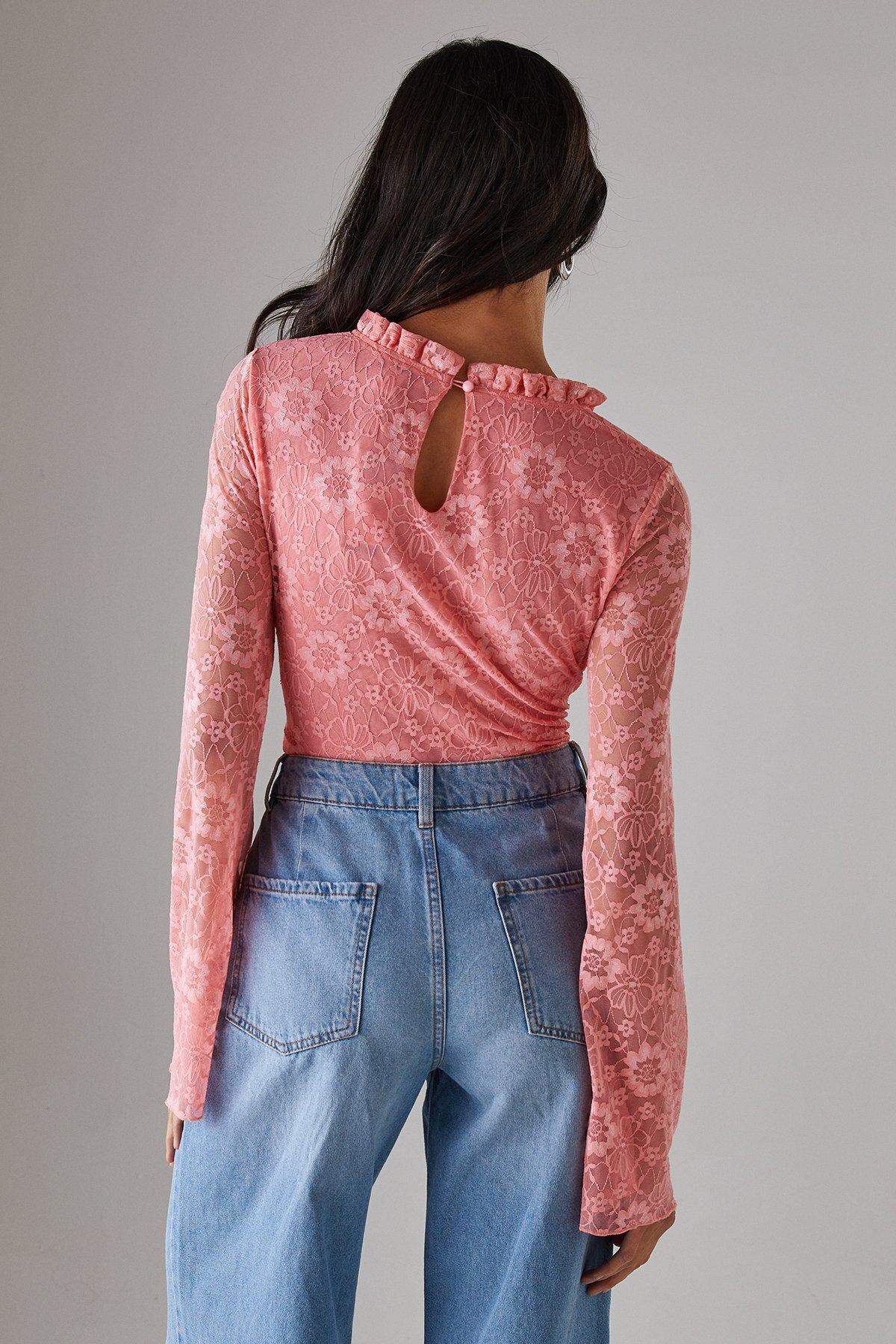 Warehouse Pink Lace Ruffle Yoke Tie Cuff Bodysuit | PrettyLittleThing