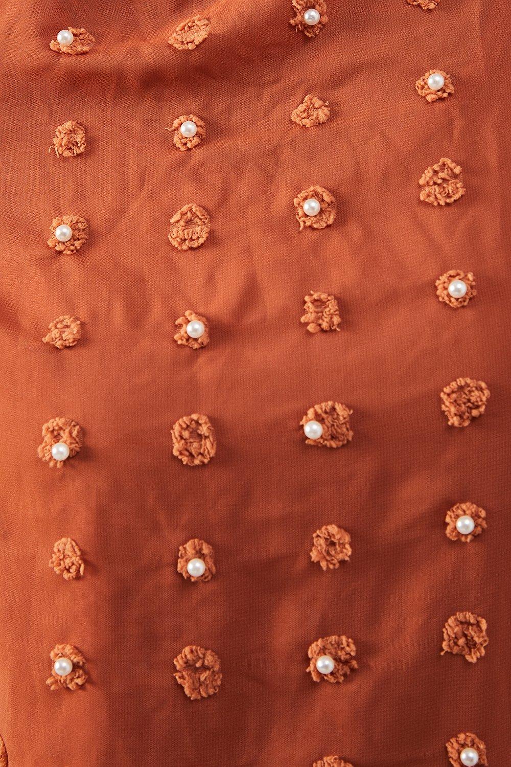 Warehouse Rust Pearl Tufted Dobby Chiffon Midaxi Dress | PrettyLittleThing