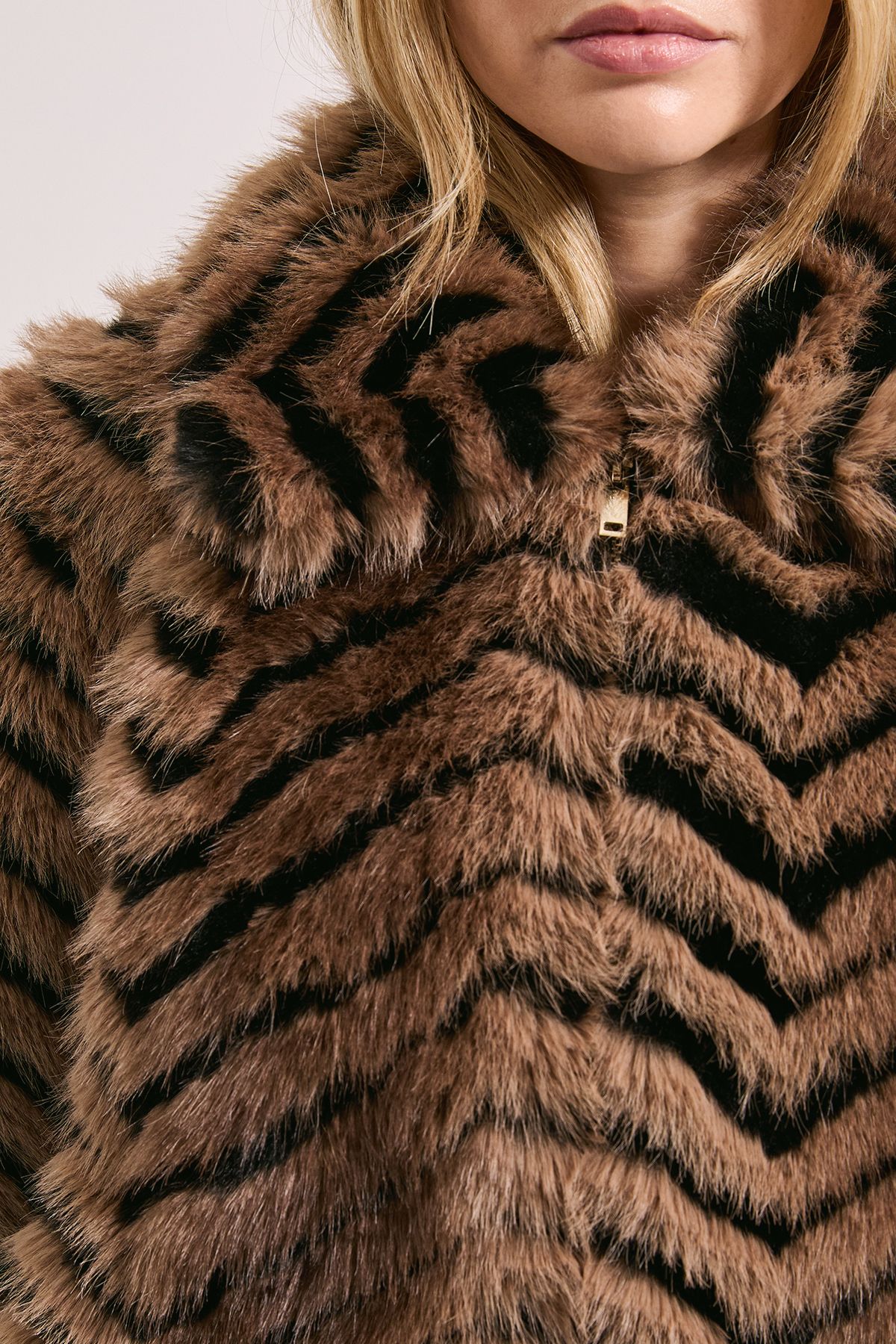 Dorothy Perkins Brown Chevron Fur Jacket | PLT